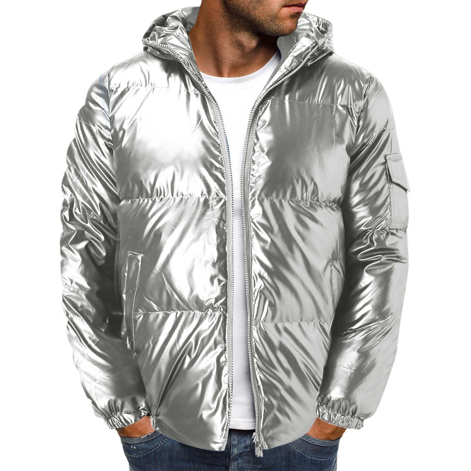 JIKNTTR Men Coats Solid Color Shiny Cotton Coat Trendy Reflective ...