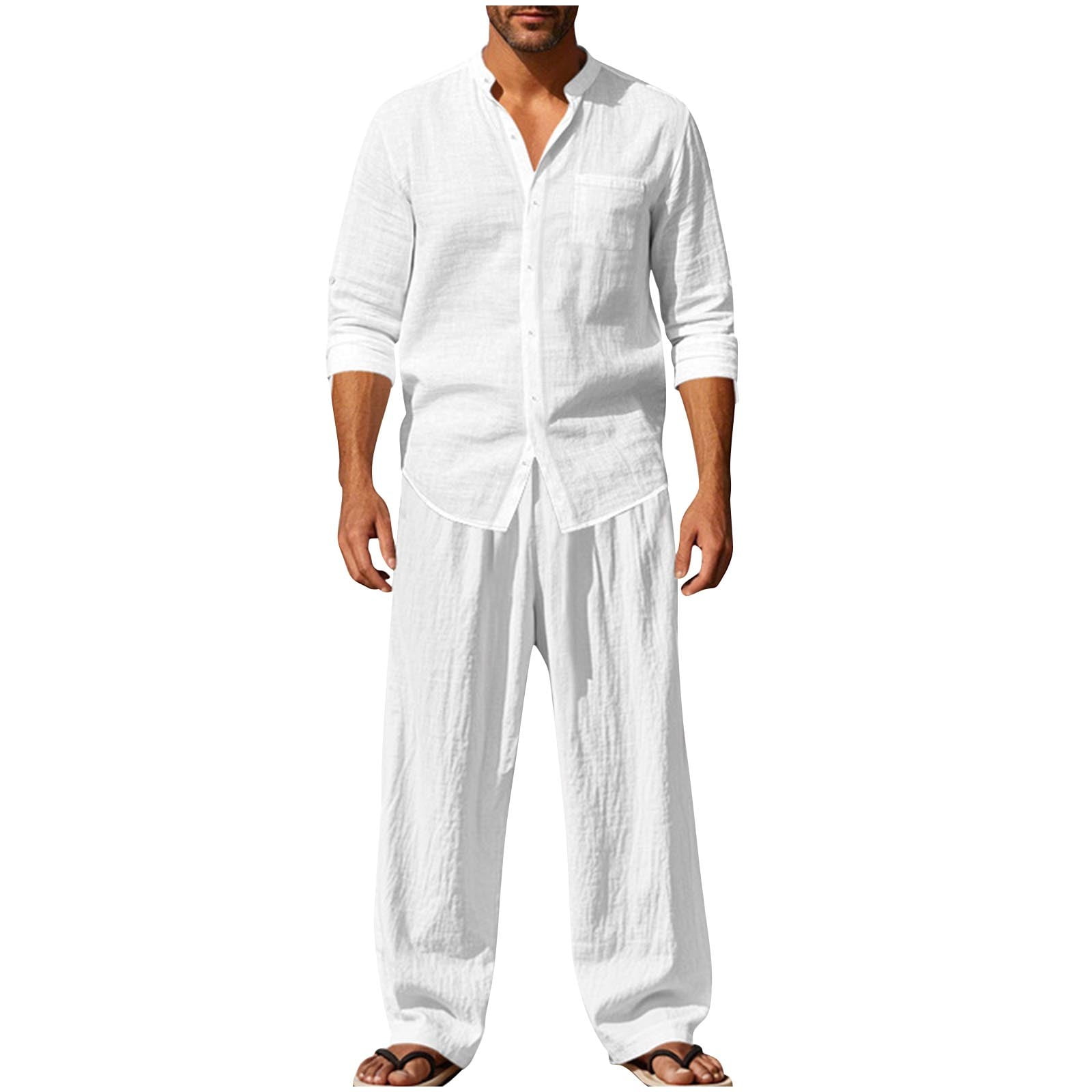 Men Cotton Linen 2 Piece Sets Casual Long Sleeve Shirts Loose Stratight ...