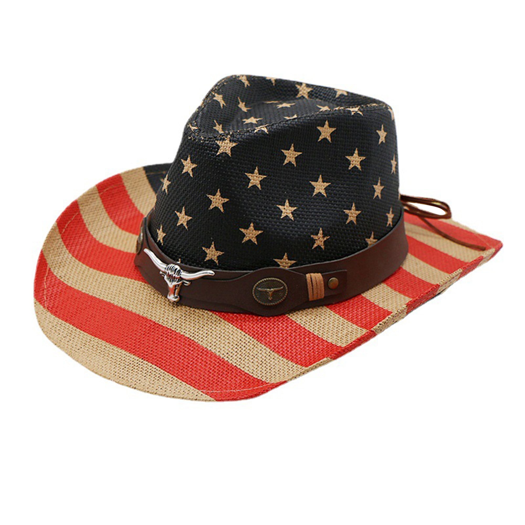 Men Cowboy Hat, Roll-up Wide Brim Stars Stripes Tie-up Western Cap ...