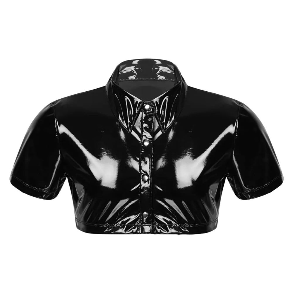 Men Crop Tops Wet Look PVC Blouse Faux Patent Leather Shirt Jacket Coat ...