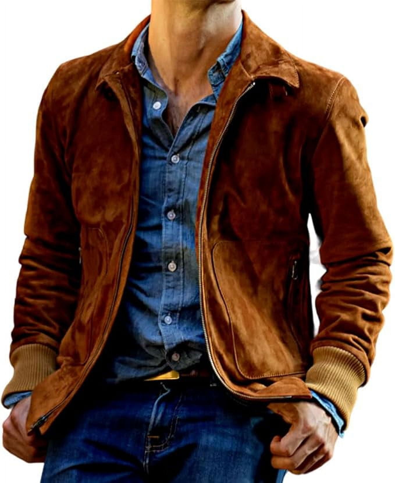 Men Dark Tan Suede Leather Bomber Style Jacket with Collar A293 ...