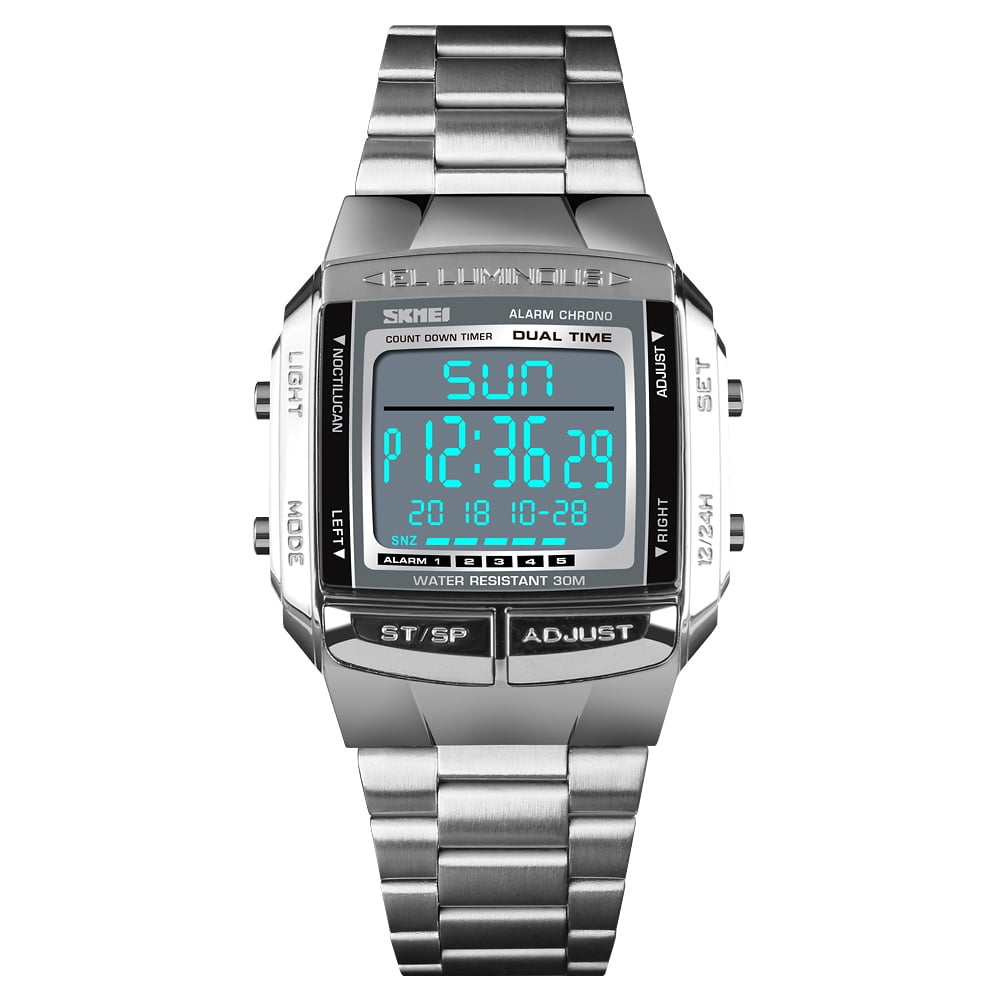 Men Digital Watch Casual Sports Wristwatch with 2 Time 5 Alarm 3ATM ...