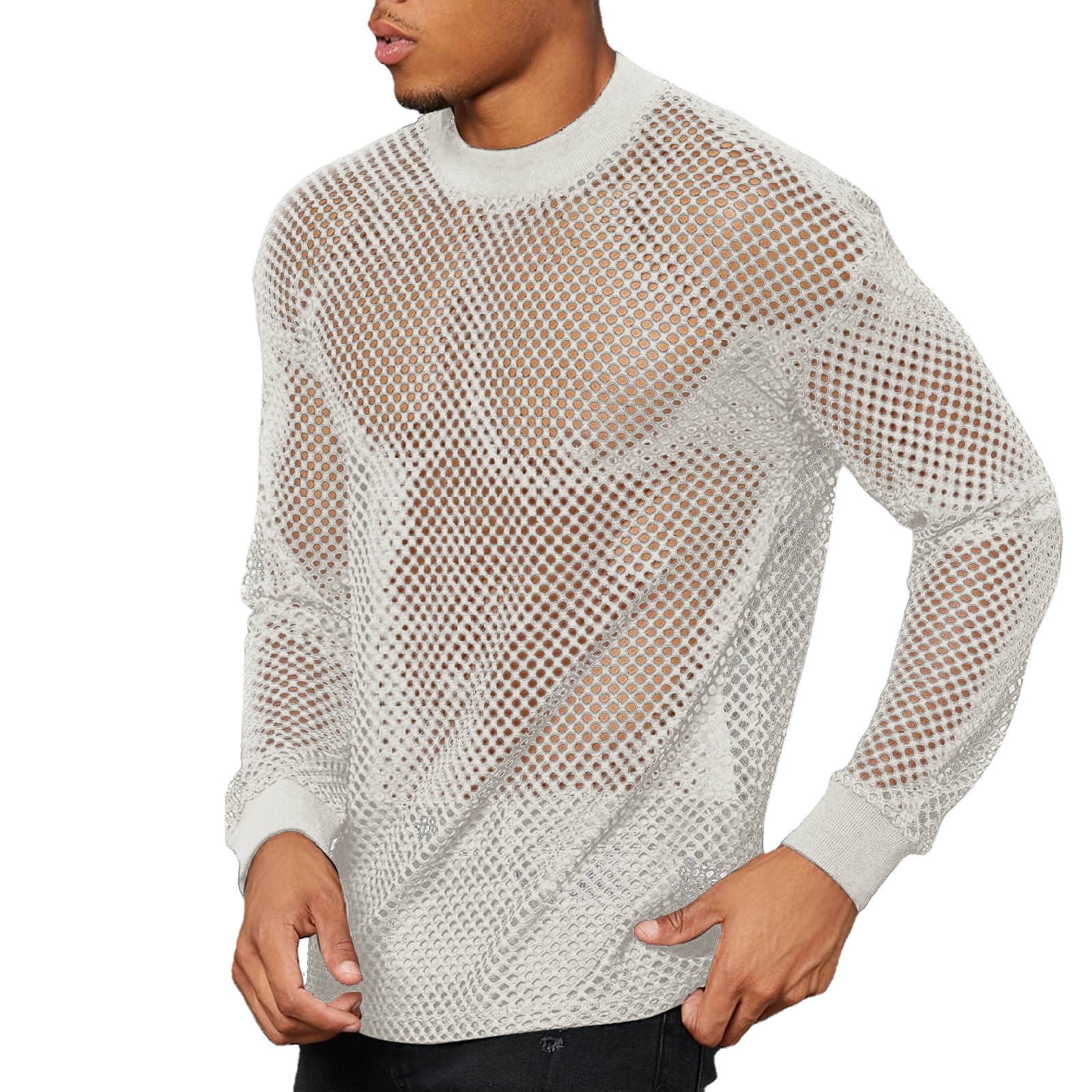 Men Elegant T-Shirt Pure Cotton Mesh Long Sleeve Shoulder Drop ...