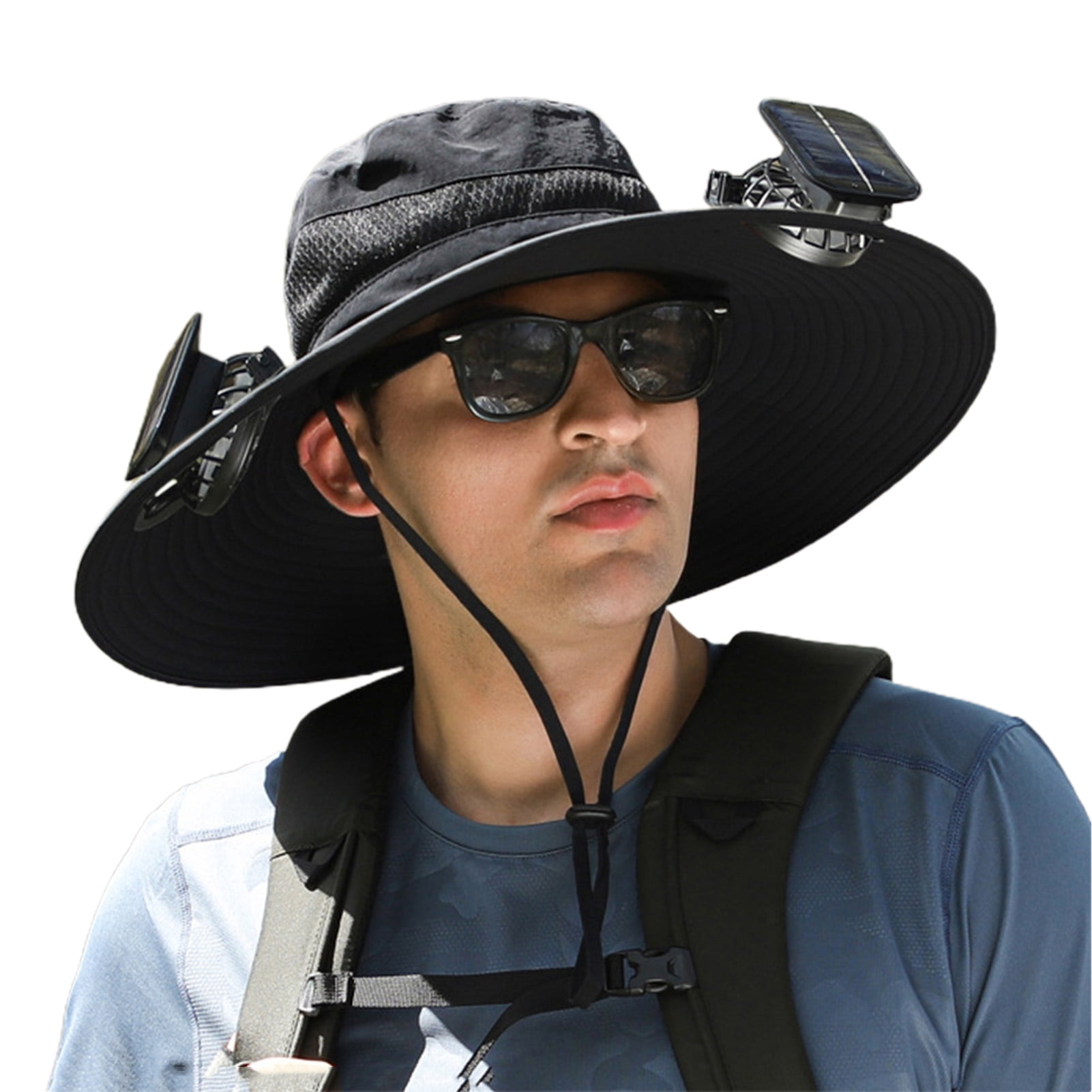 Men Fisherman Hat with 2 Solar Fan Large Brim Windproof Strap USB ...