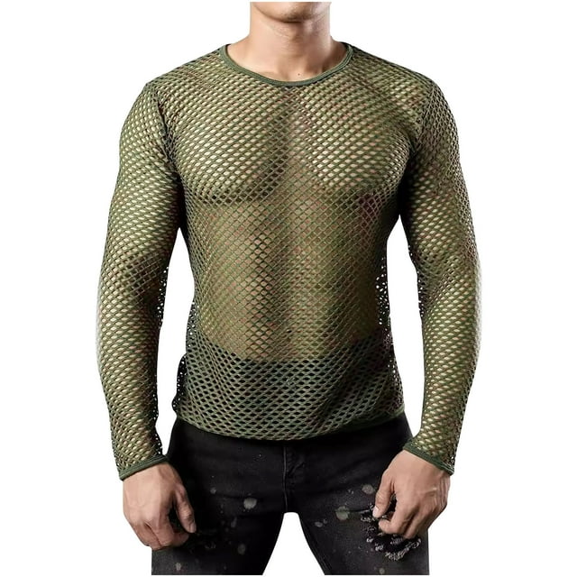 Men Fishnet Shirt Mens Fishnet Top Mesh Transparent Long Sleeve Muscle ...