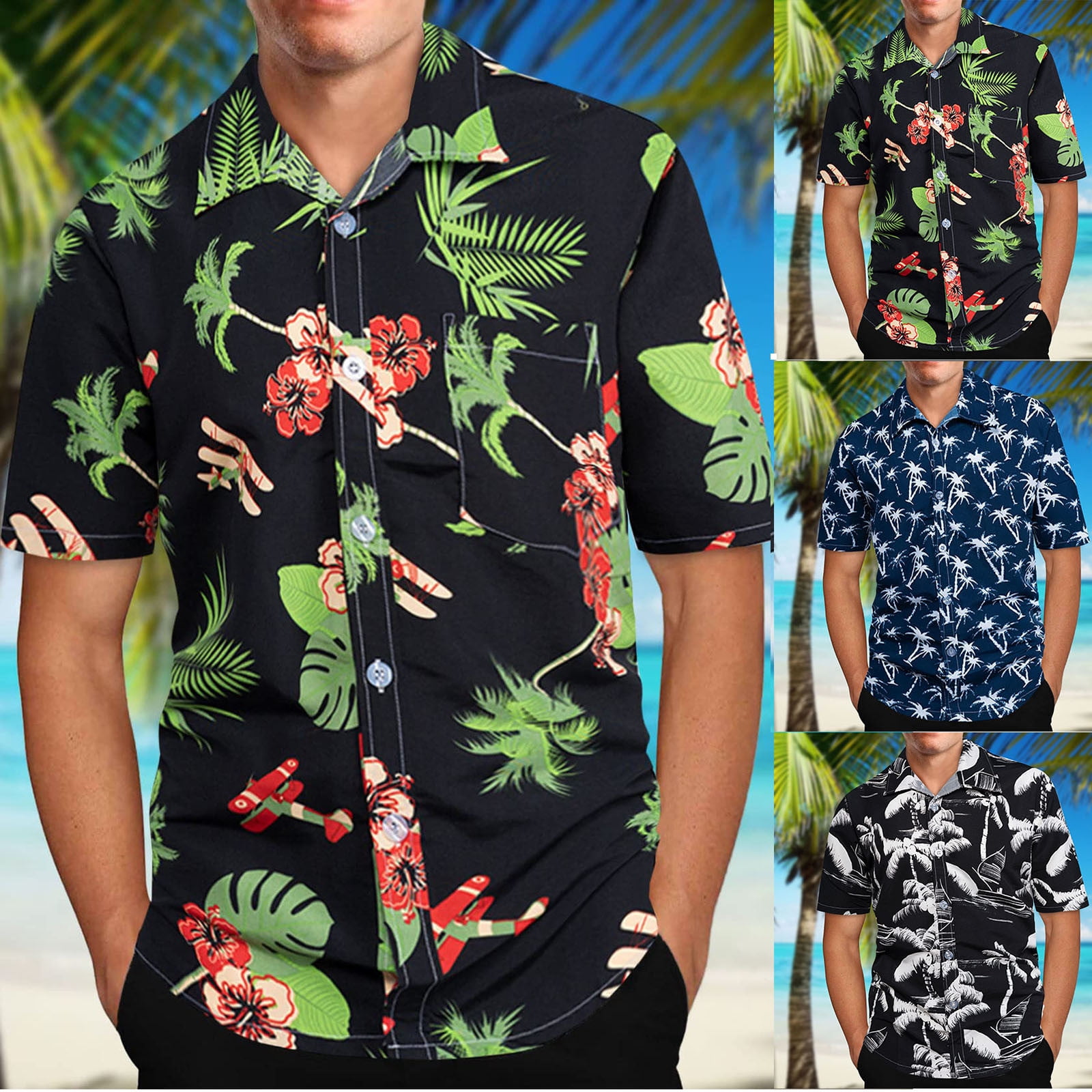 Men Floral Print Hawaiian Shirts Fashion Tropical Beach Shirt Big and ...