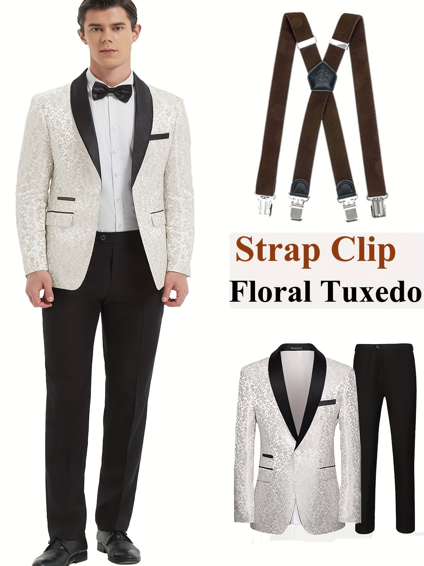 Men Floral Print Tuxedo Jacket + Coffee Strap Clip, Regular Fit Long ...