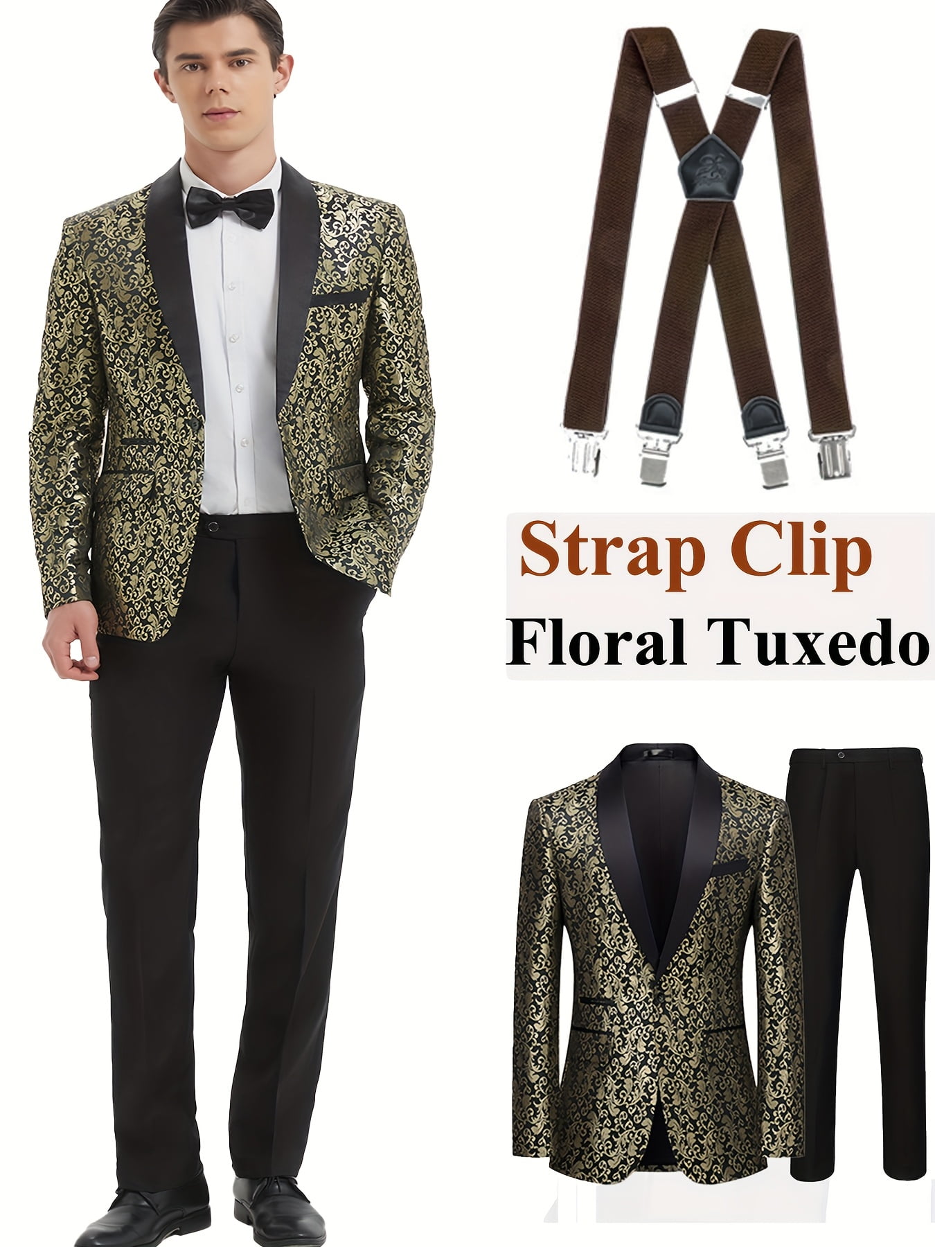 Men Floral Print Tuxedo Jacket + Coffee Strap Clip, Regular Fit Long ...