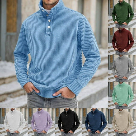 Men Four Button Sweatshirt High Neck Placket Color Digital Print Long ...