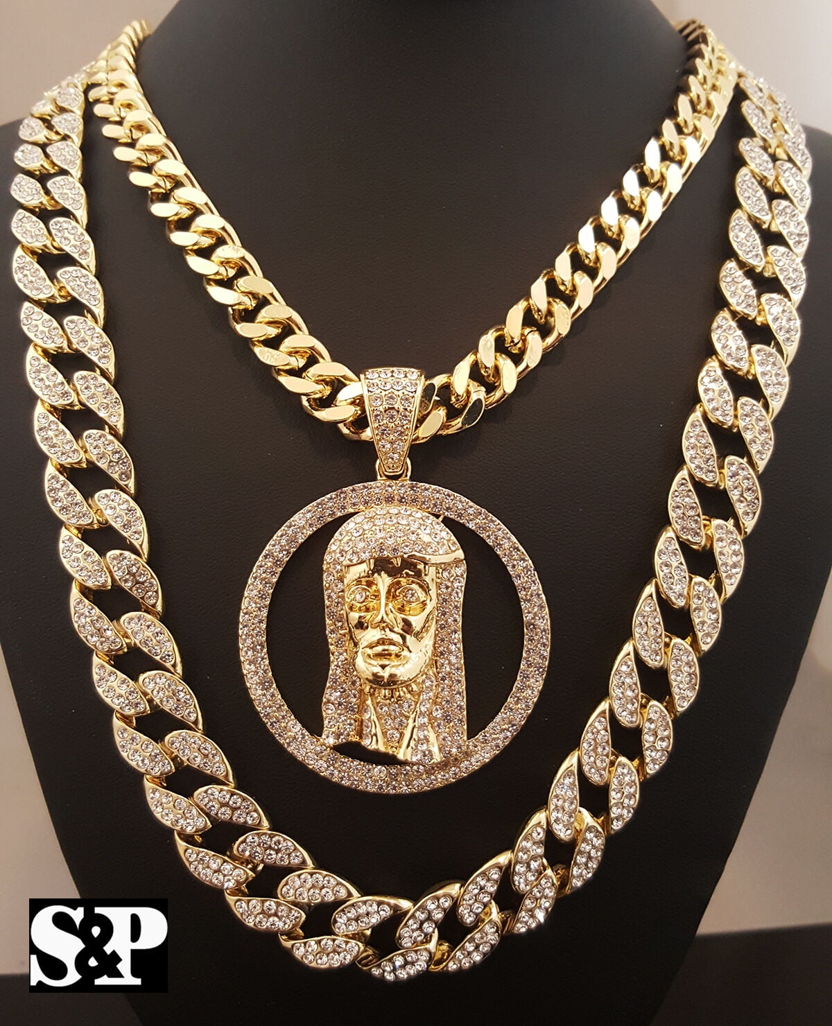 Men Full Iced Cuban Chain & Jesus Face Pendant Hip Hop Rapper Necklace ...