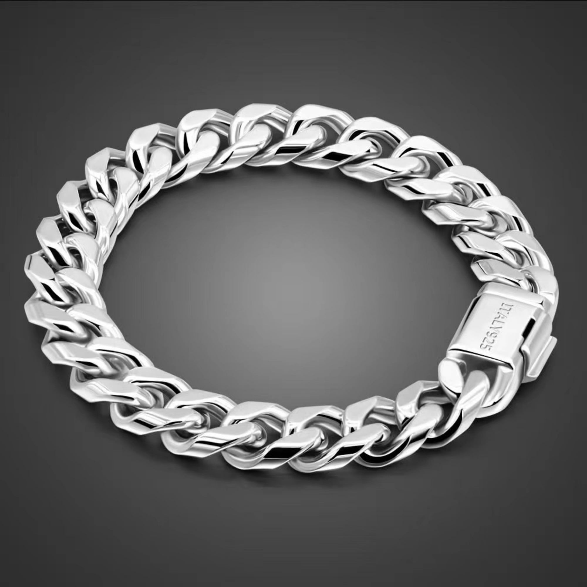 Men Genuine 100% 925 Sterling Silver Bracelets Curb Cuban Chain Italy ...
