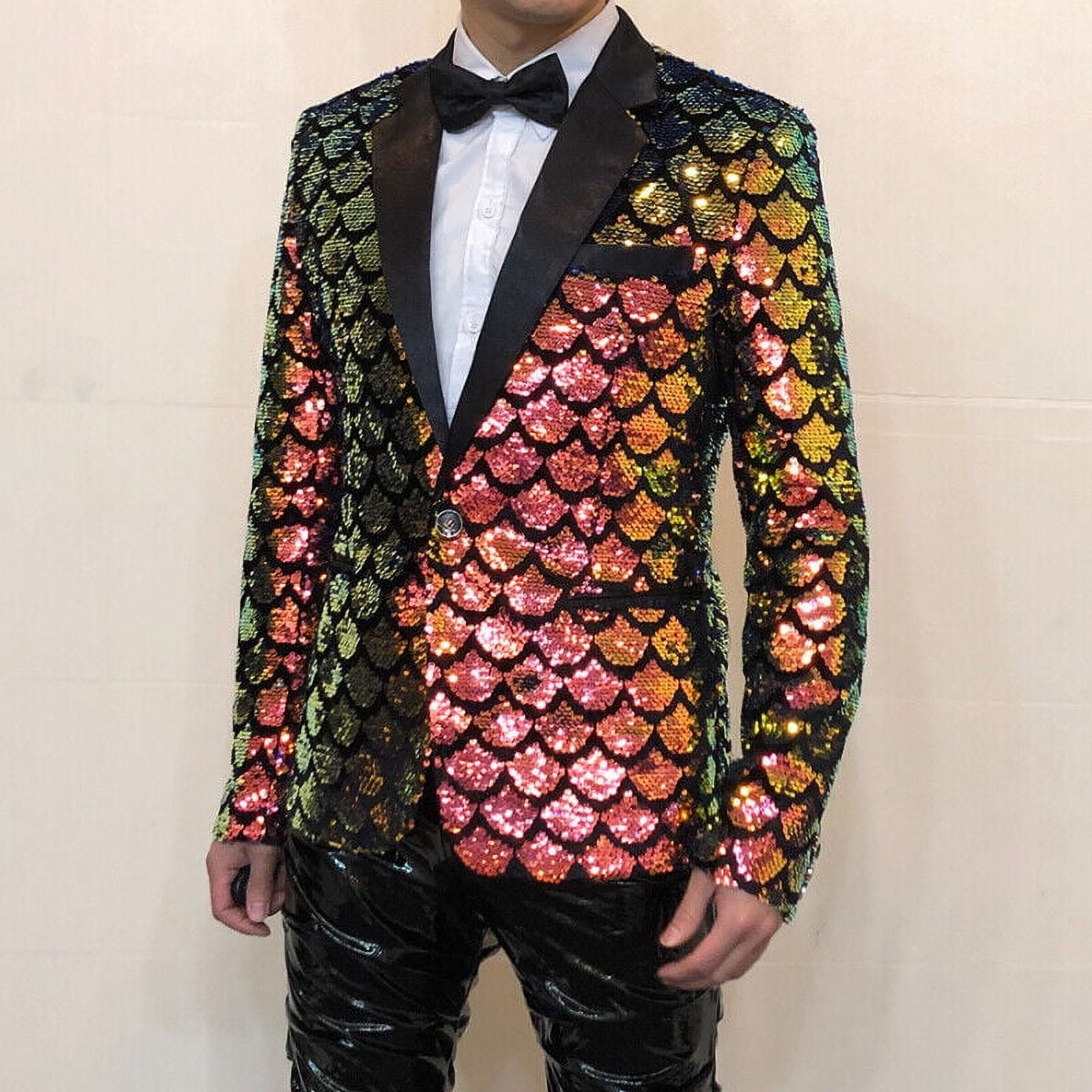 Men Glitter Shiny Scale Sequin Blazer Jacket Coat Lapel Suit Fancy ...