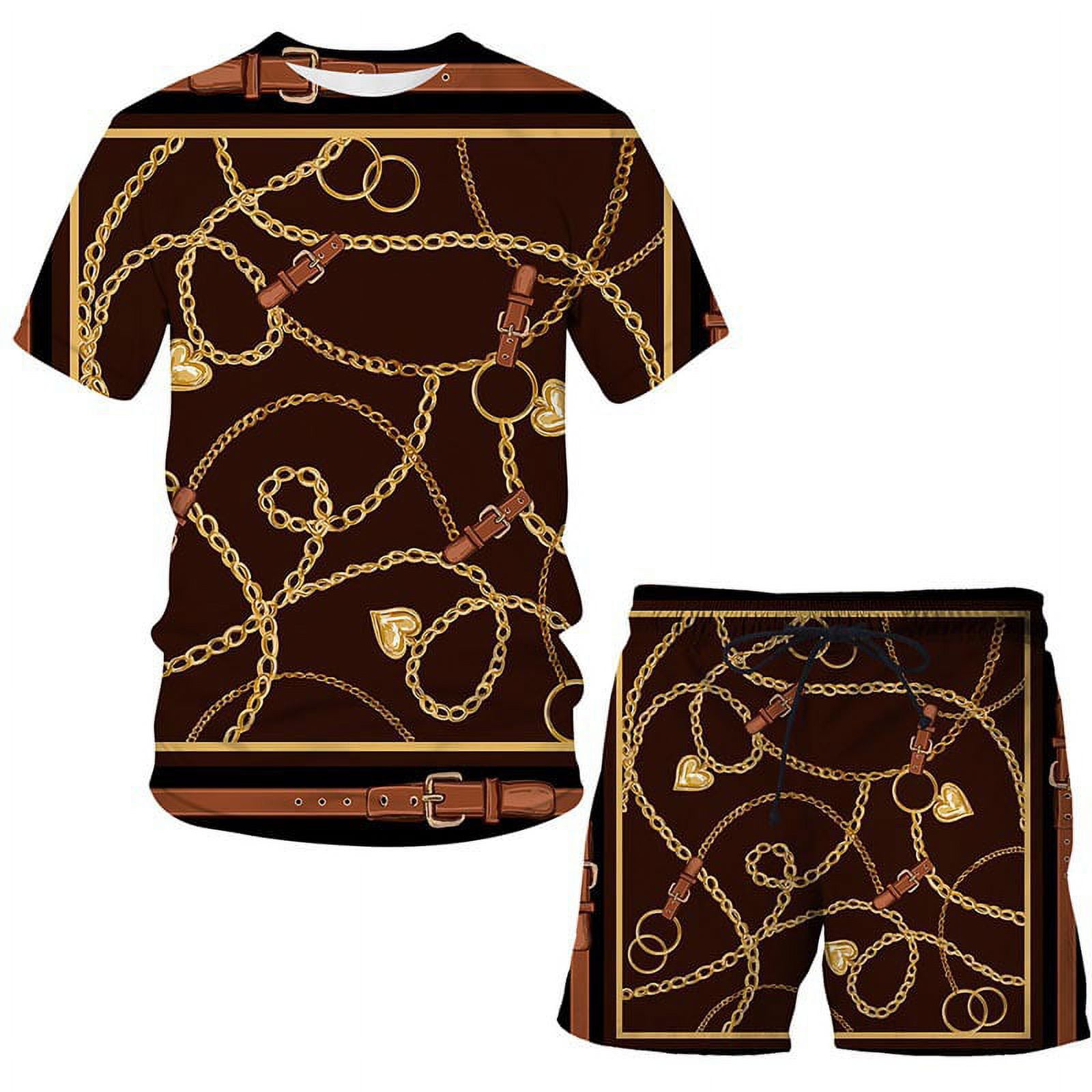 Men Gold Chain 3D Digital Printing Tracksuit Set 2 Piece Outfit Jogging ...