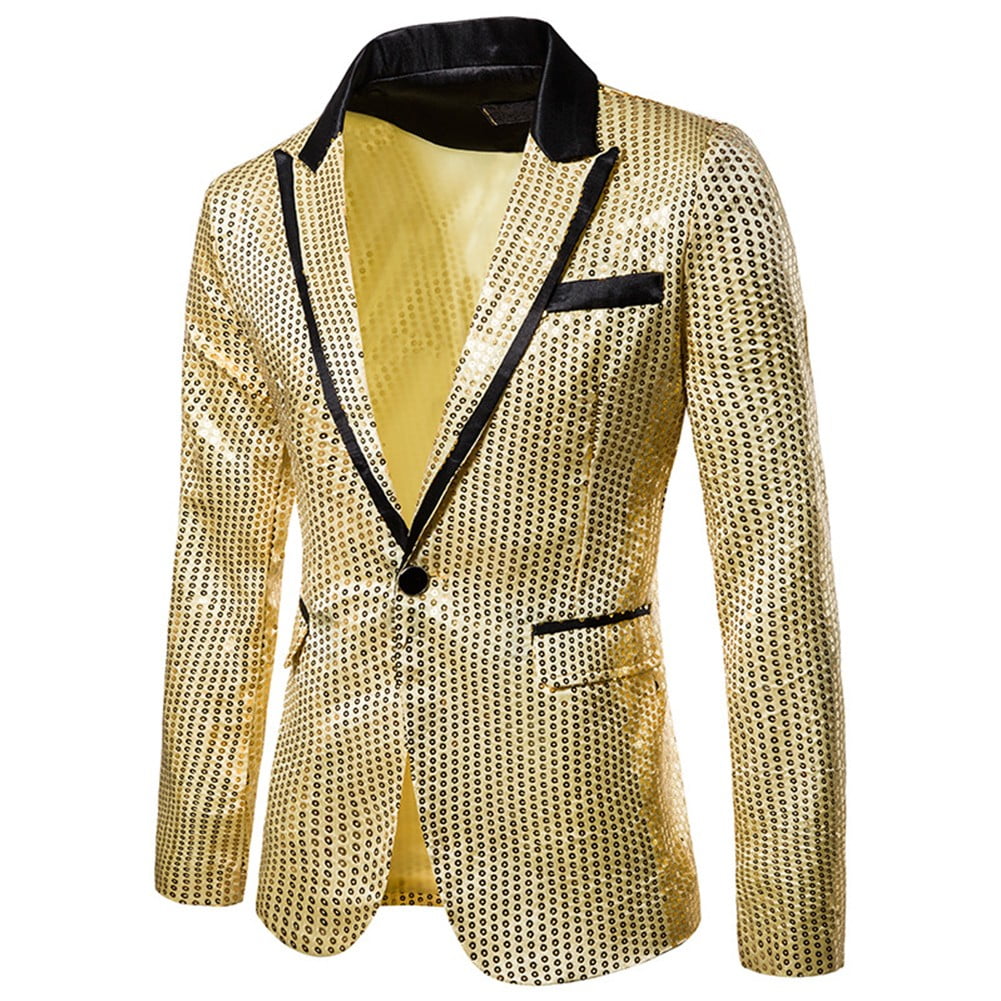Men Gold Shiny Decorated Blazer Jacket Night Club Graduation Suit Stage ...