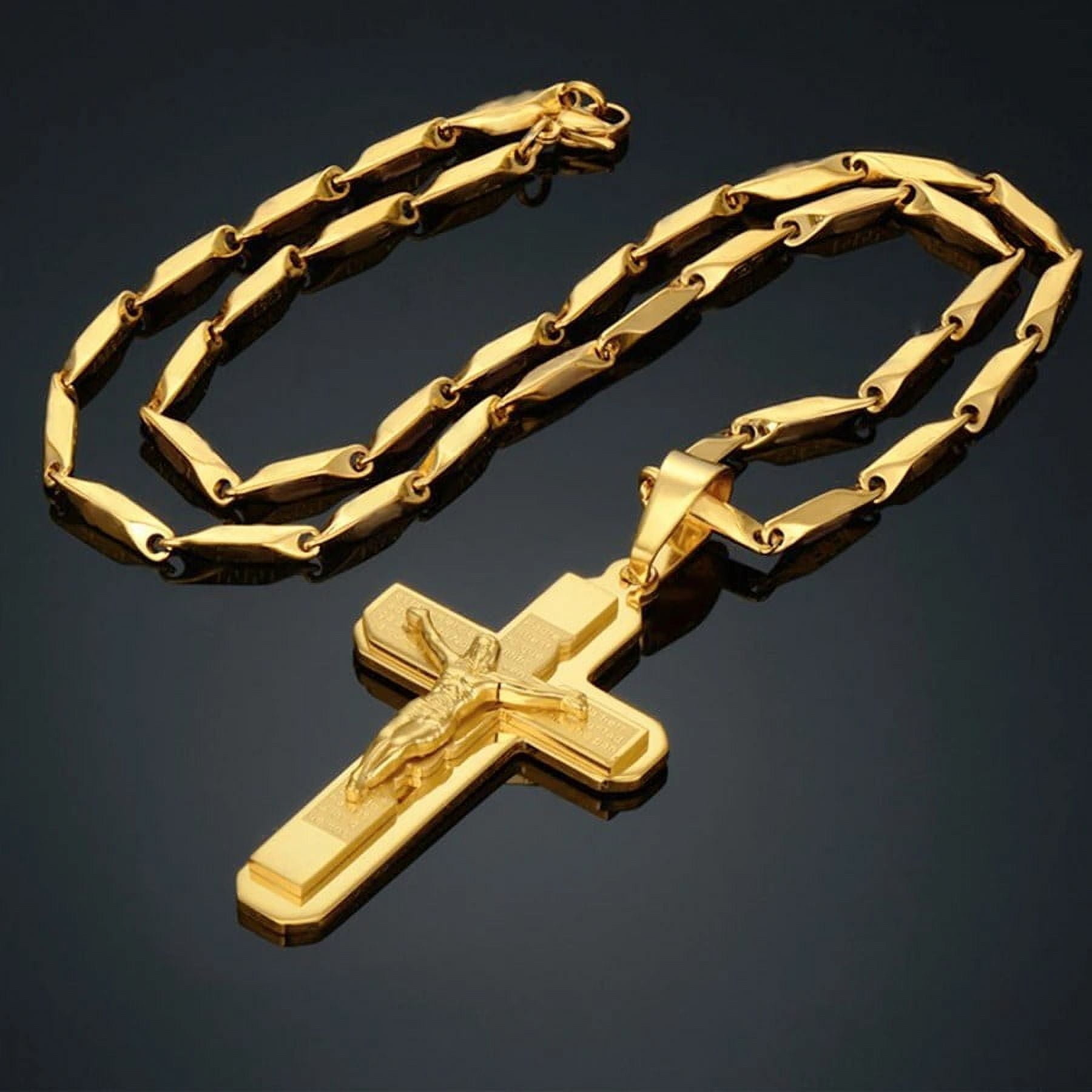 Men Golden Color Cross Chain Male Necklace Religious 14K Yellow Gold ...