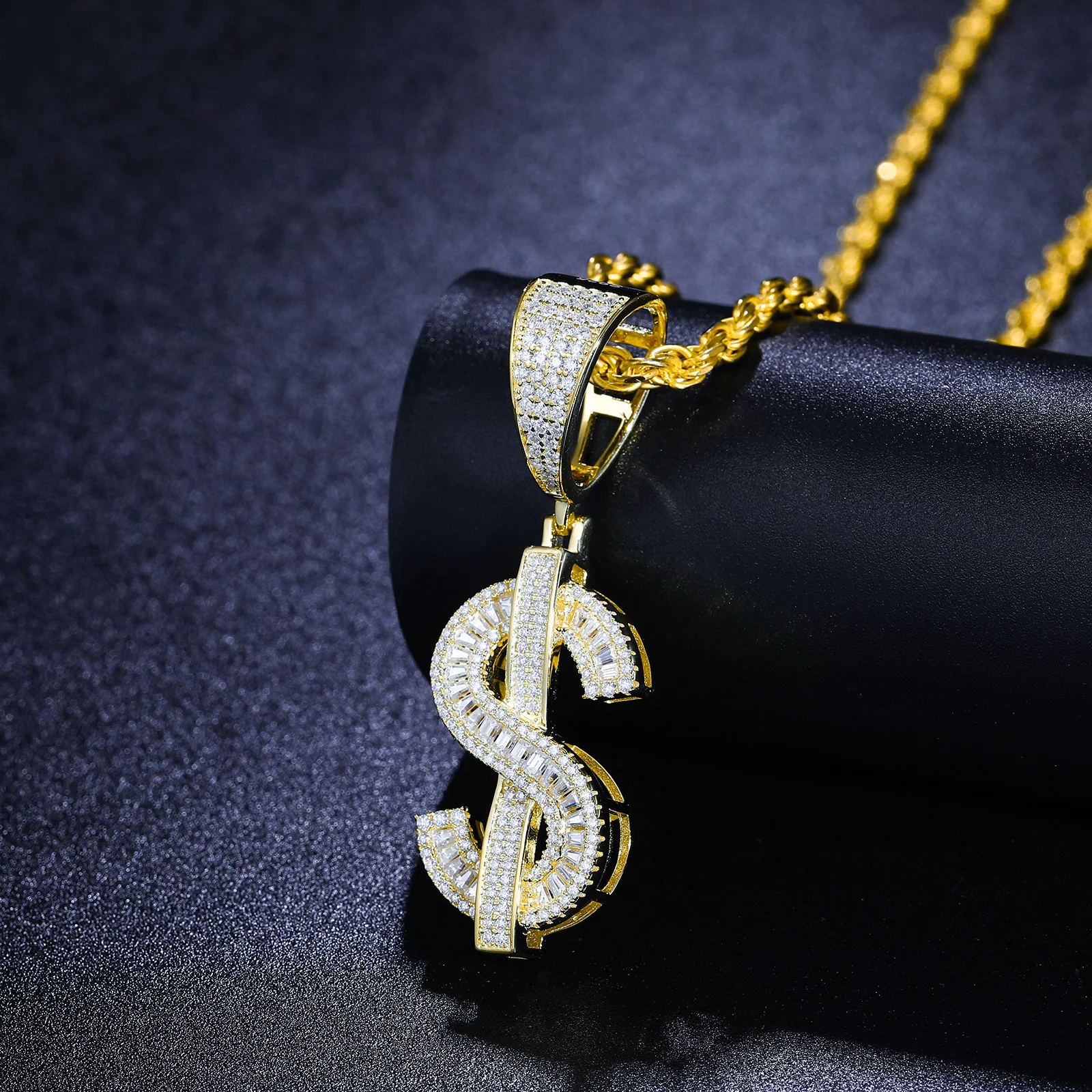 Men Golden Color Dollar Sign 14K Yellow Gold Necklaces with Cuban Chain ...