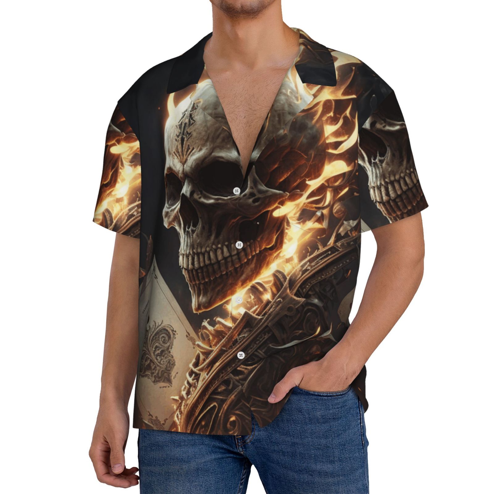 Men Hawaiian Shirts Short Sleeve Button Down Summer Beach , Fire Skull ...