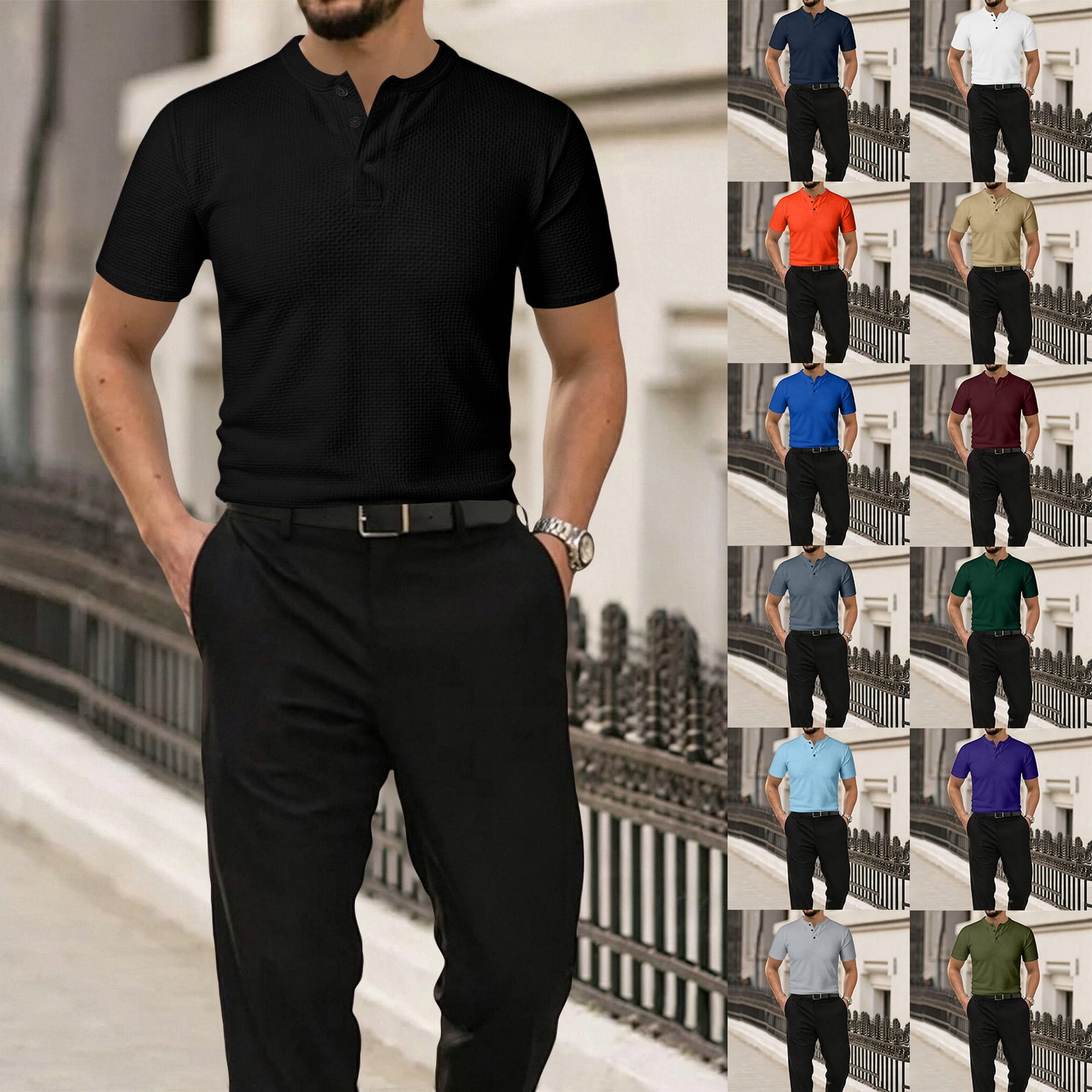 Men Henley Shirts Short Sleeve Round Collar T-Shirt for Business Work ...