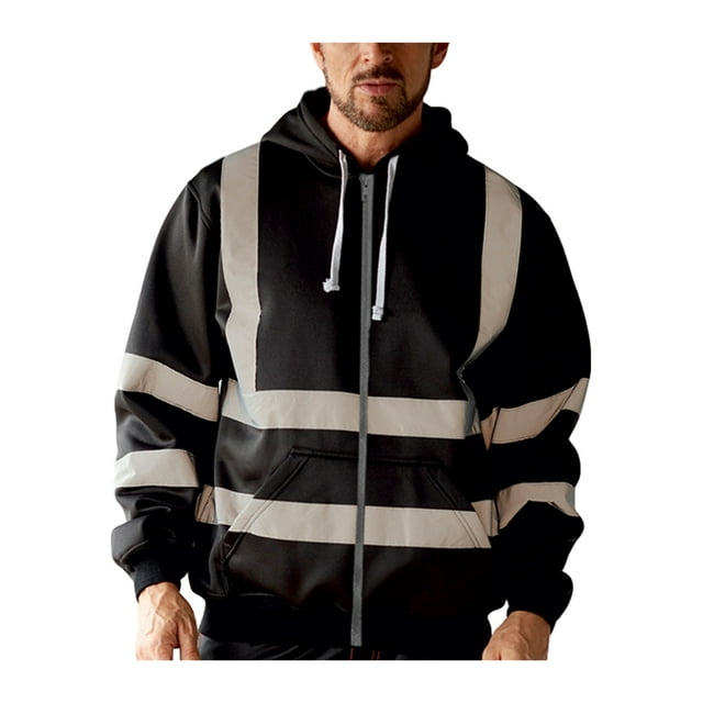 Men High Visibility Safety Hooded Sweatshirt,Waterproof High Neck Reflective Strip Full Zip ...