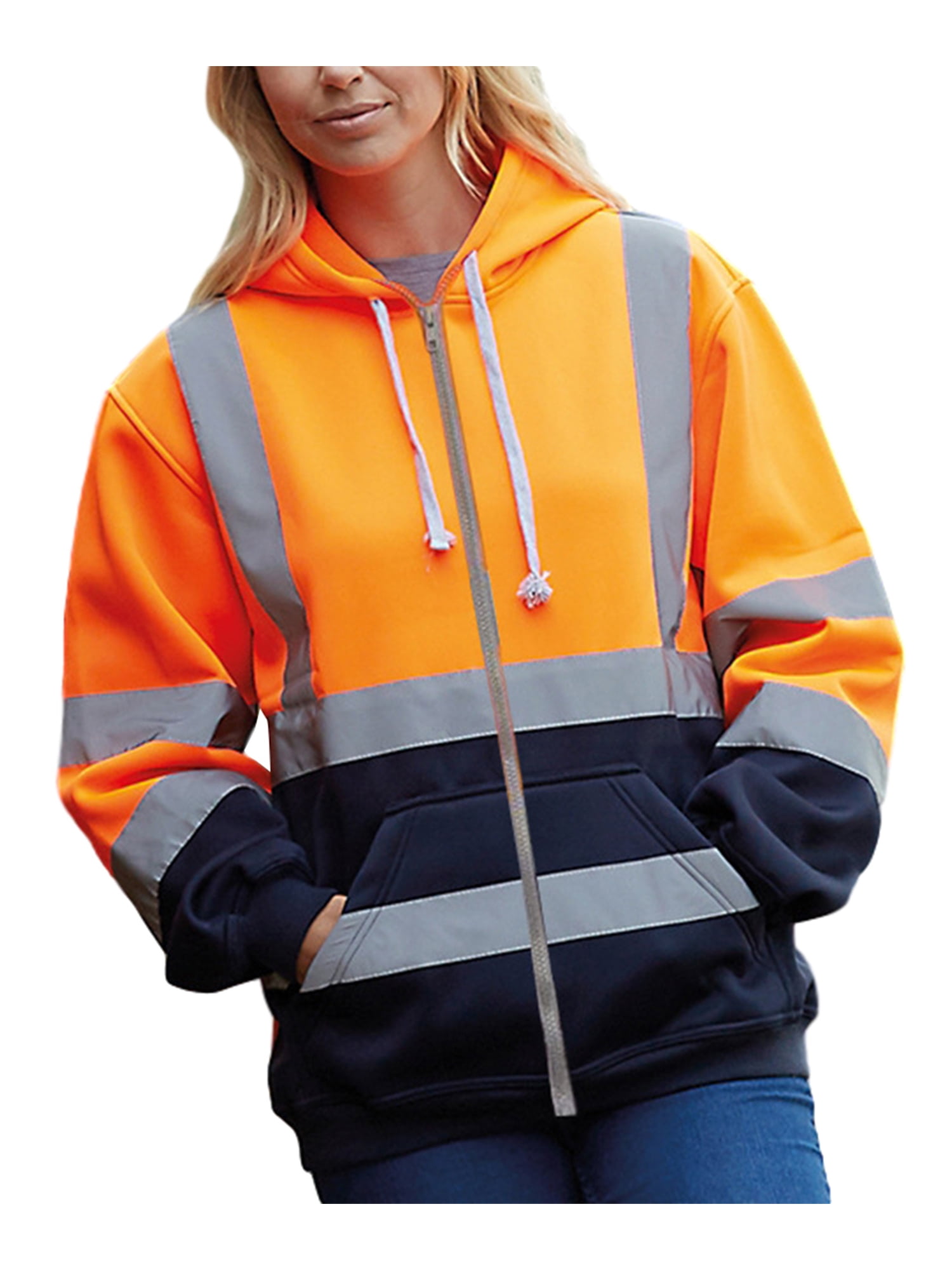 Men High Visibility Safety Reflective Zip Up Hoodies Long Sleeve Reflective Strip Hooded ...