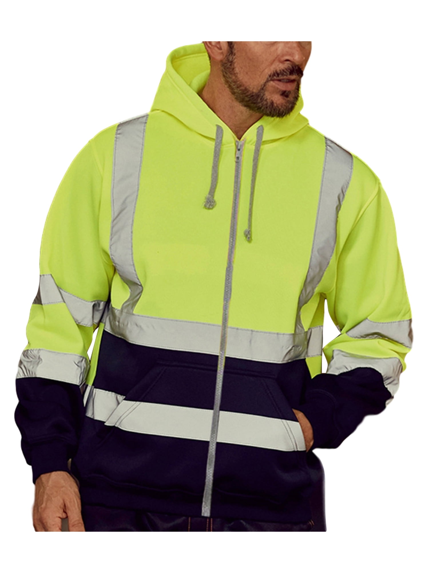 Men High Visibility Safety Reflective Zip Up Hoodies Long Sleeve Reflective Strip Hooded ...
