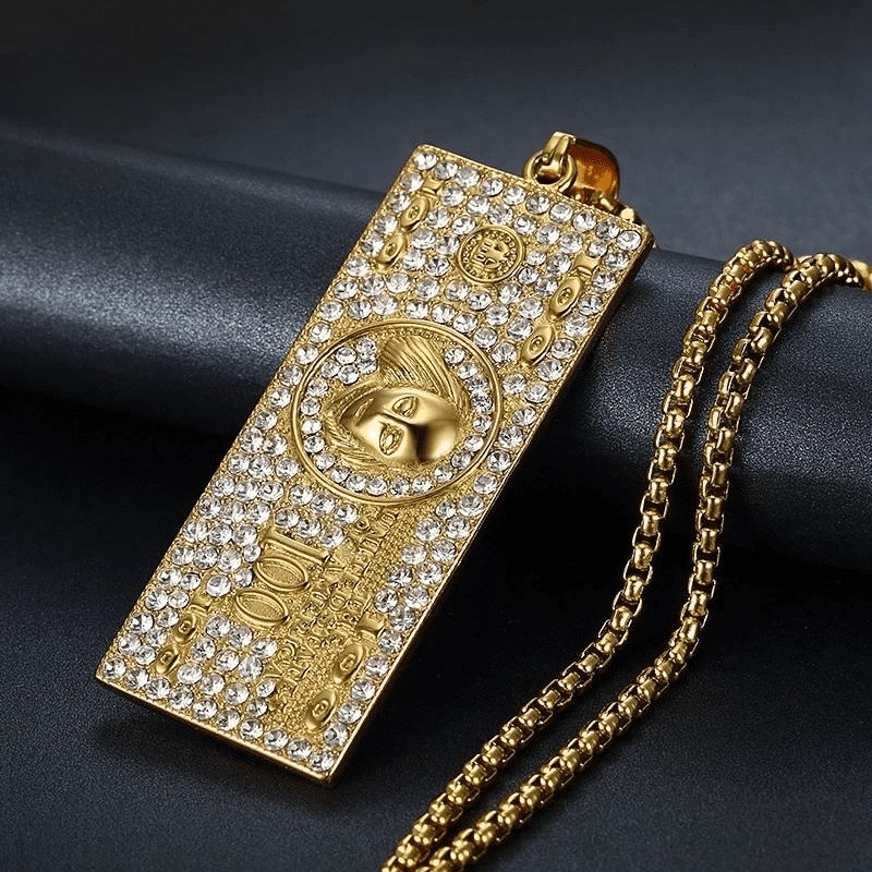 Men Hip Hop Gothic Long US 100 Dollar 14K Yellow Gold Pendant Necklace ...