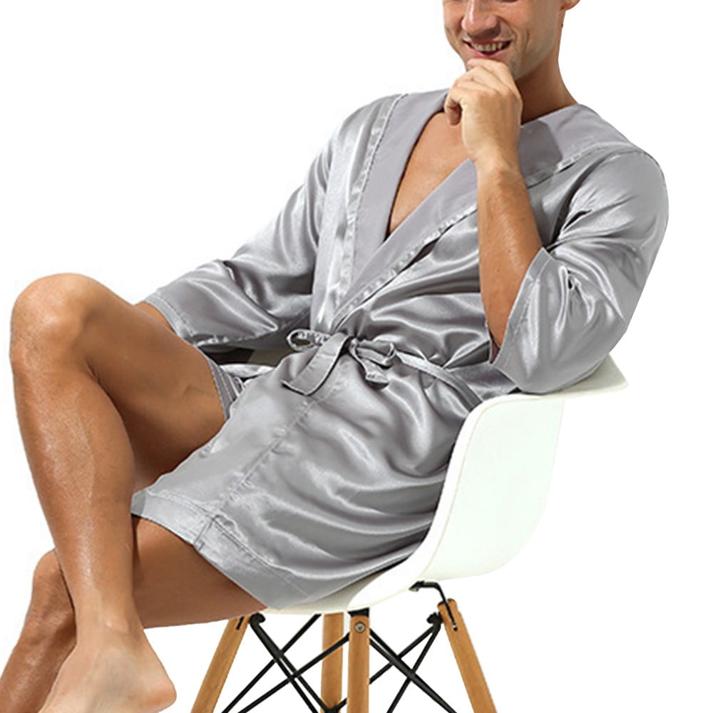 Men Hooded Loose Satin Silk Bathrobe Pajamas Sleepwear Gown Bath Robe ...