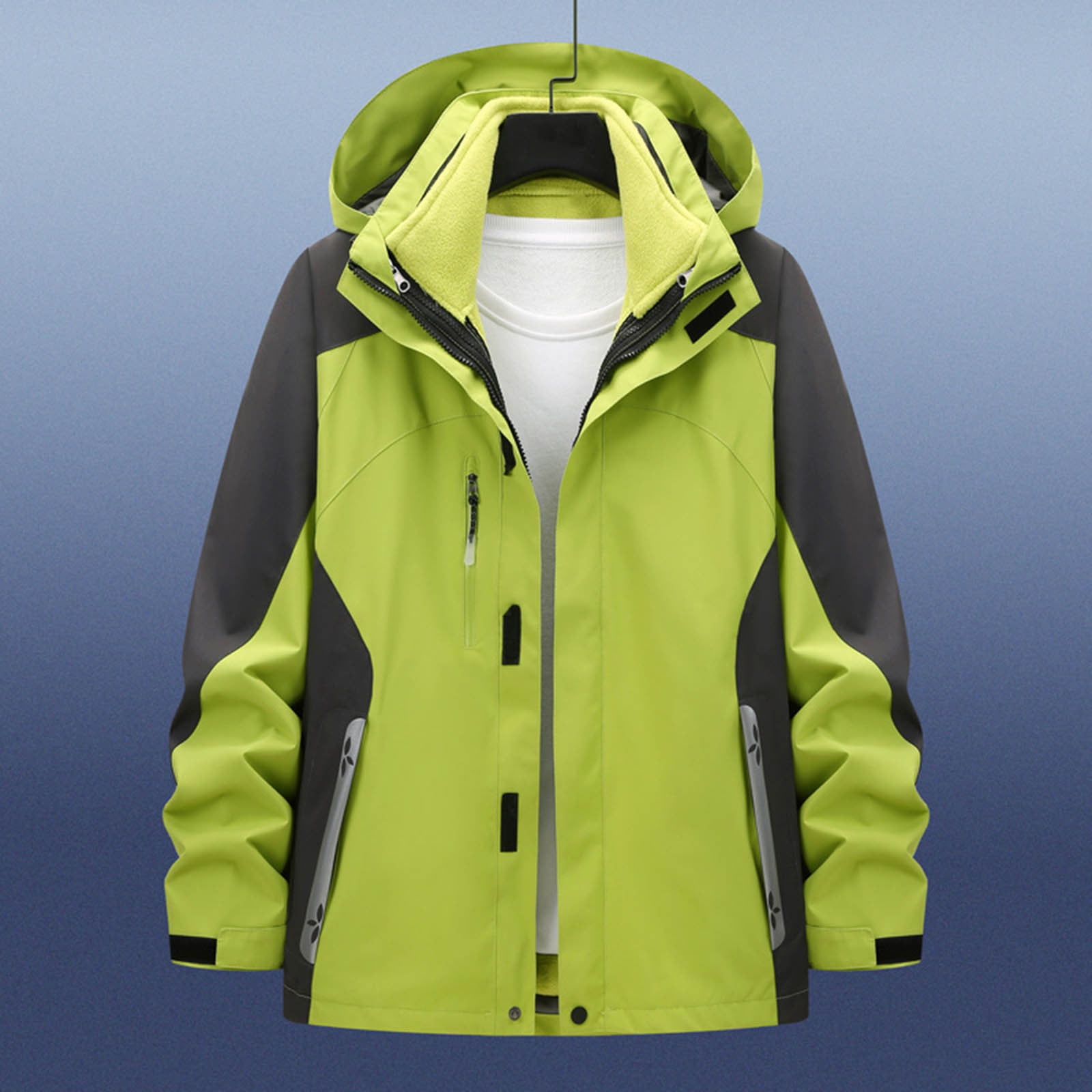 Men Jacket Waterproof Green Zip Up Hooded Rain Jacket Color Block Fall ...