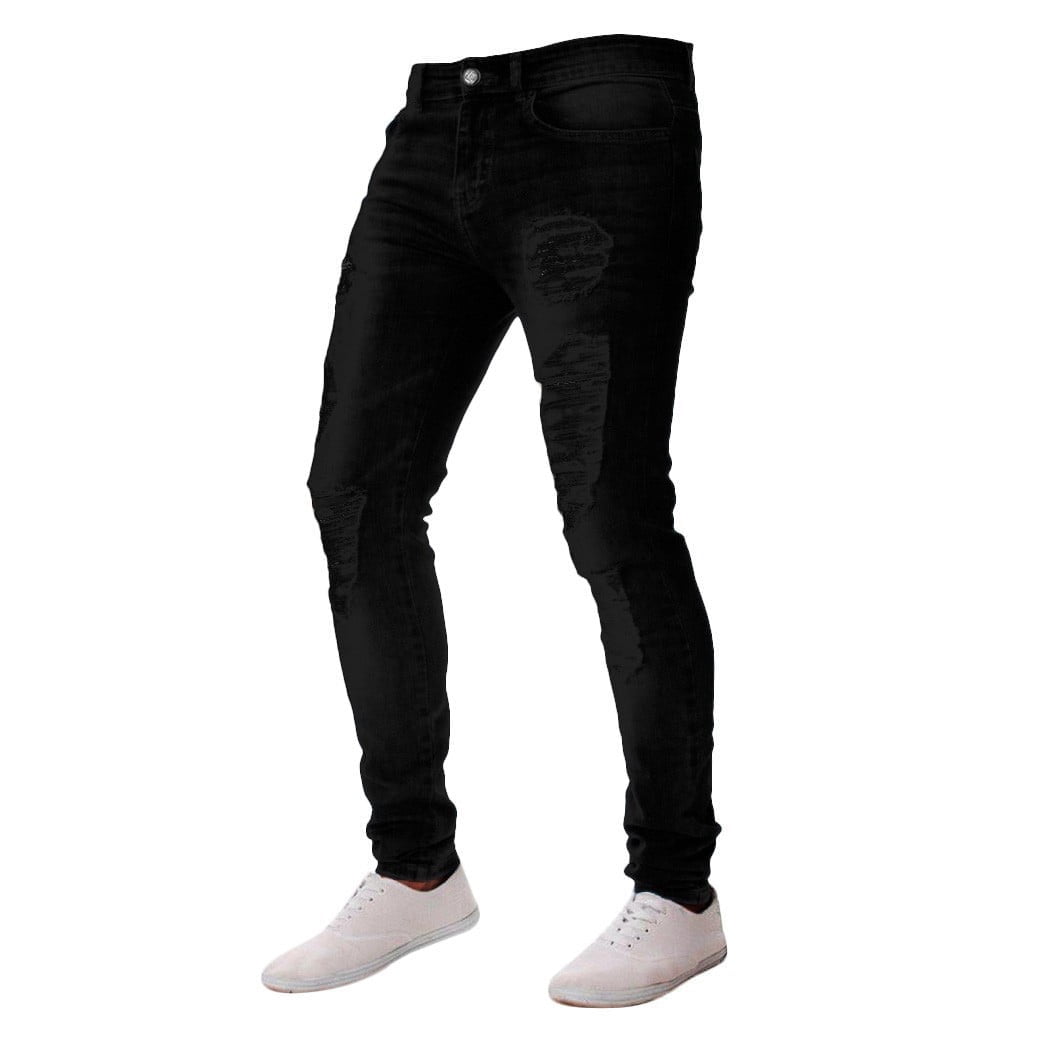 Men Jeans Male Slim Zipper Denim Skinny Frayed Pant Distressed Trousers ...