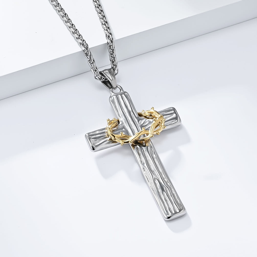 Men Jesus Christ Cross Necklace 14K White Gold Pendant Chain Crown of ...