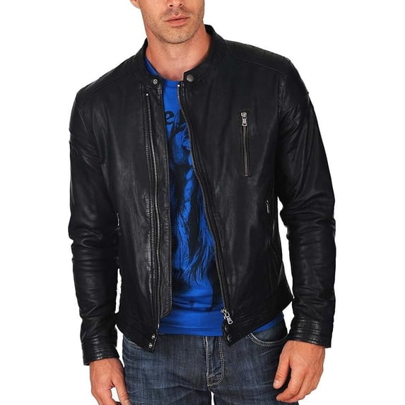 Men Leather Jacket Slim Fit Biker Motorcycle Genuine Lambskin Jacket ...