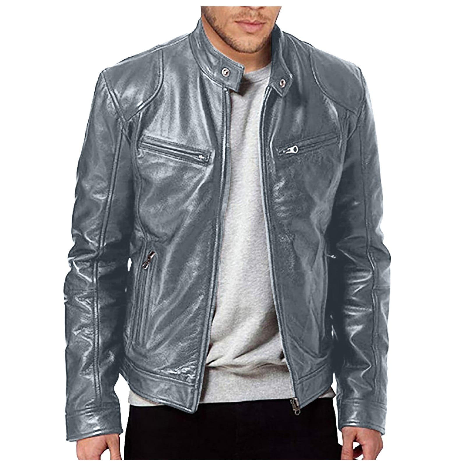 Men Leather Zip Up Jacket Stand Collar Leather Motorcycle Jacket ...