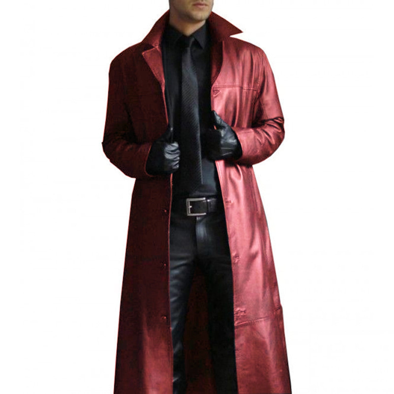 Men Long Leather Coat Duster Solid Color lapel Winter Coat Windbreak ...