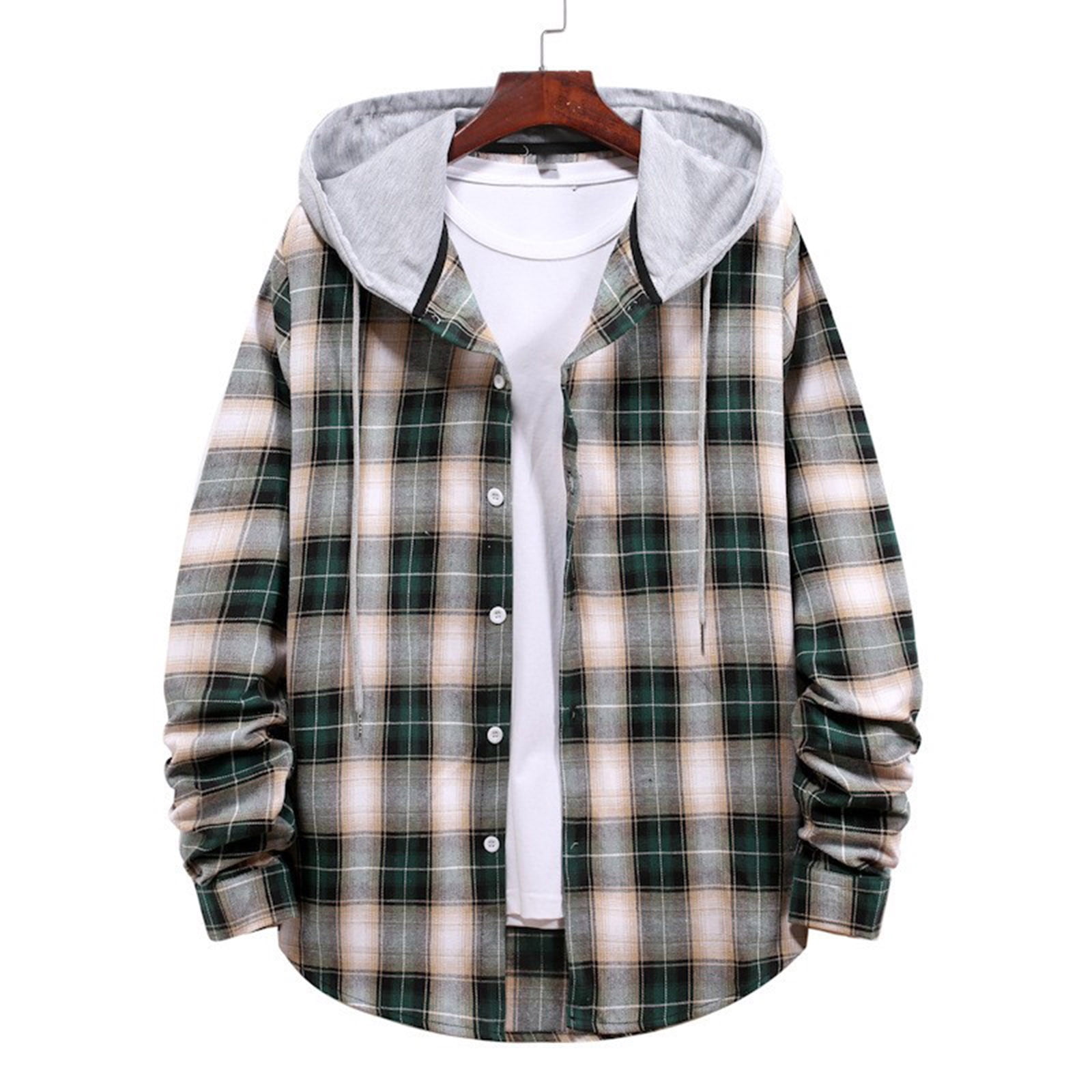 Men Long Sleeve Thin Flannel Shirt Jacket with Hood Spring Button-Down ...