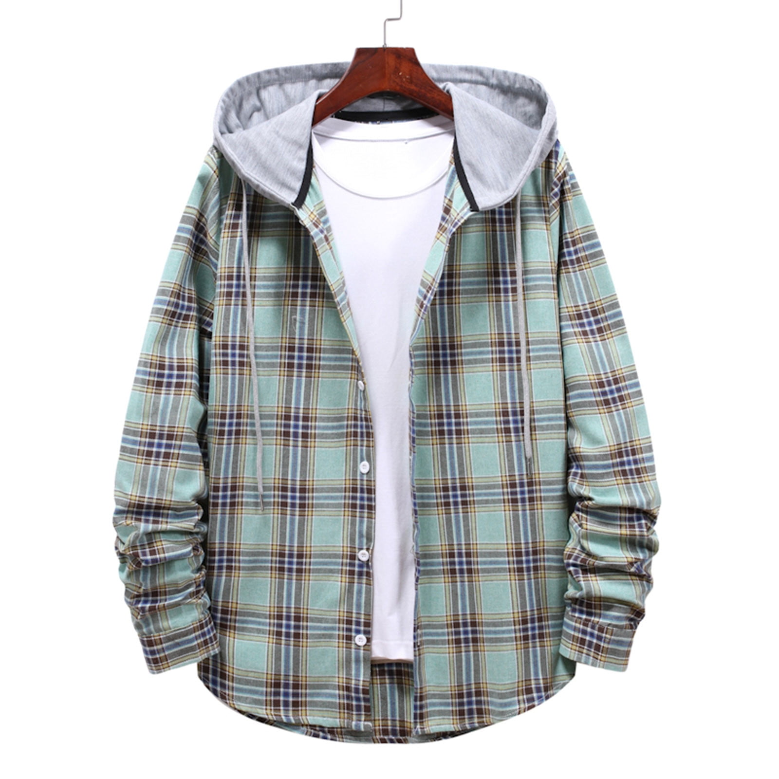 Men Long Sleeve Thin Flannel Shirt Jacket with Hood Spring Button-Down ...