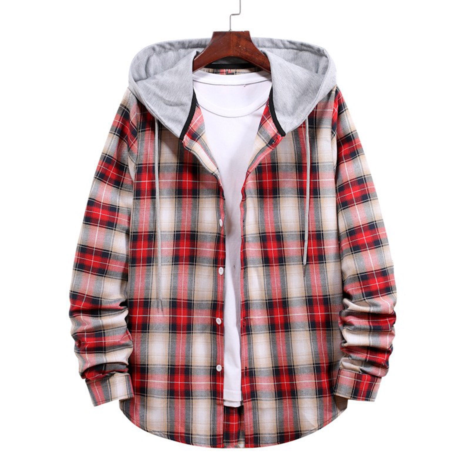 Men Long Sleeve Thin Flannel Shirt Jacket with Hood Spring Button-Down ...