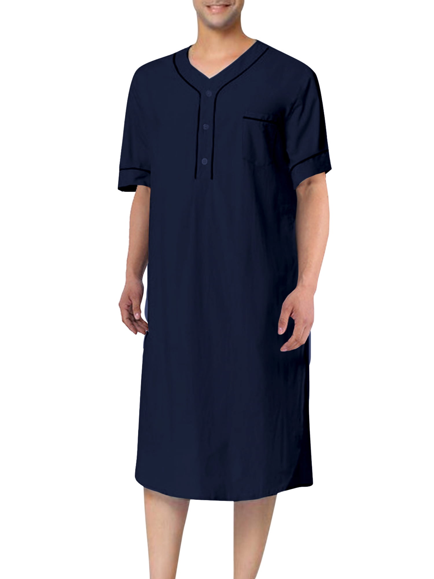 Men Loose Nightgown Solid Color Henley Short Sleeve Nightshirt Kaftan ...