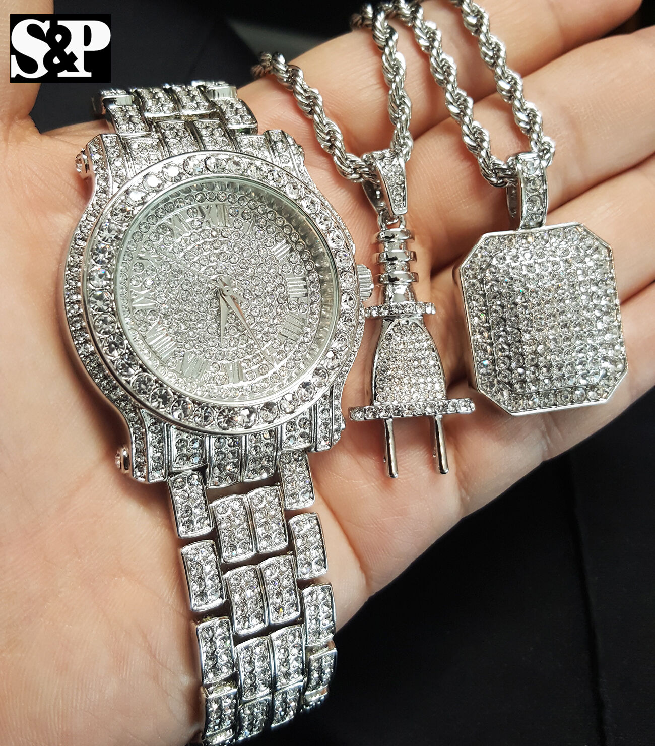 Men Luxury Hip Hop Iced Watch & Power Plug & Iced Square Necklace Combo ...