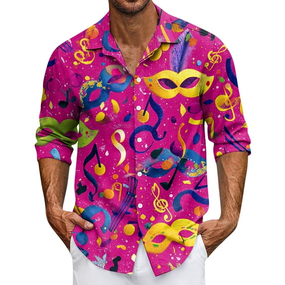 Men Mardi Gras Shirts Button Up Long Sleeve Mask Pattern Carnival ...