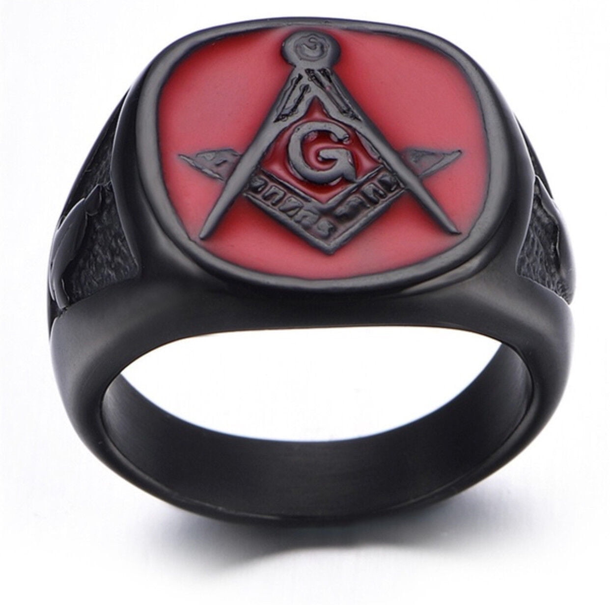 Men Masonic Ring Square G & Pillars Freemason Master Mason Black Red ...