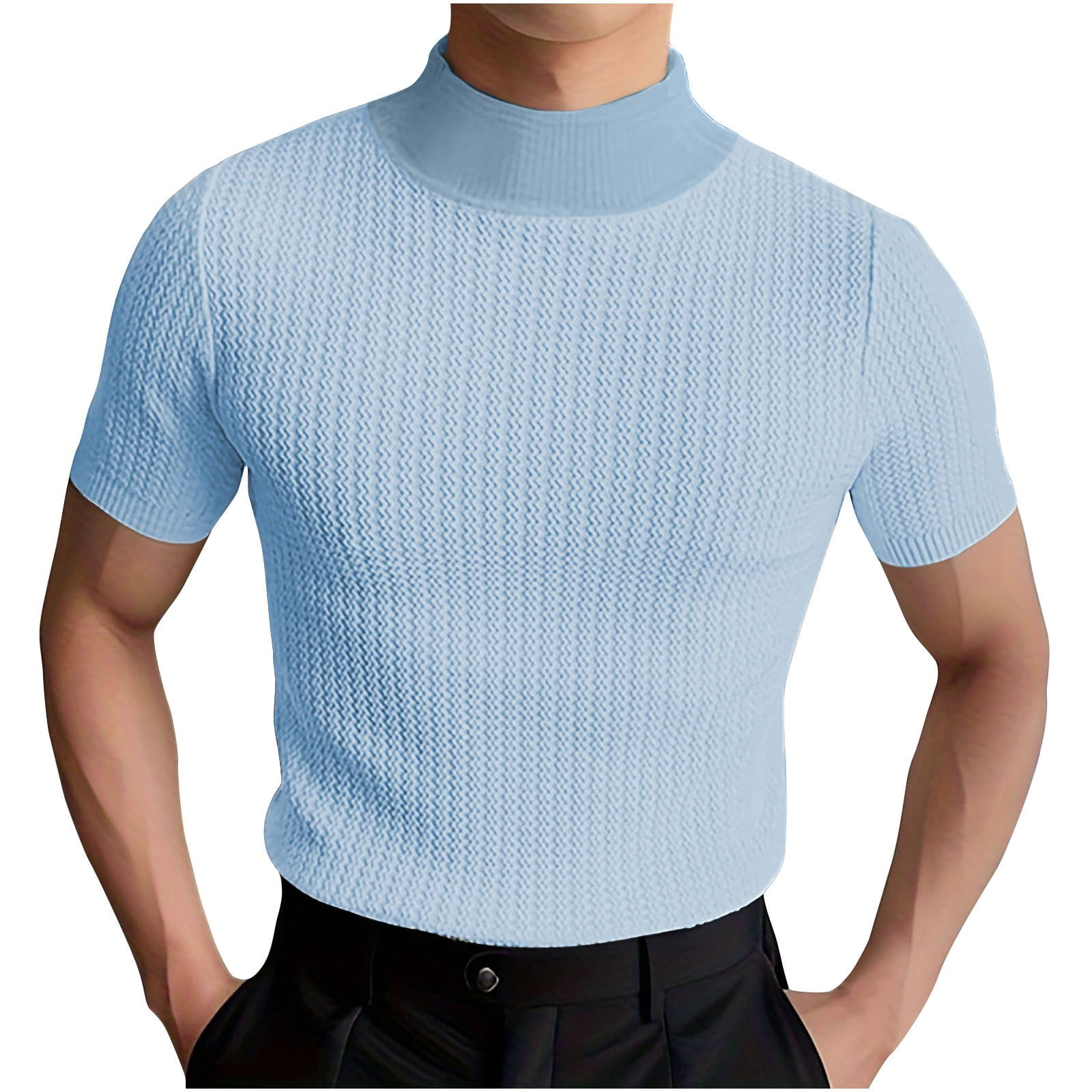 Men Mock Turtleneck Tshirt Ribbed High Collar Short Sleeve Pullover ...