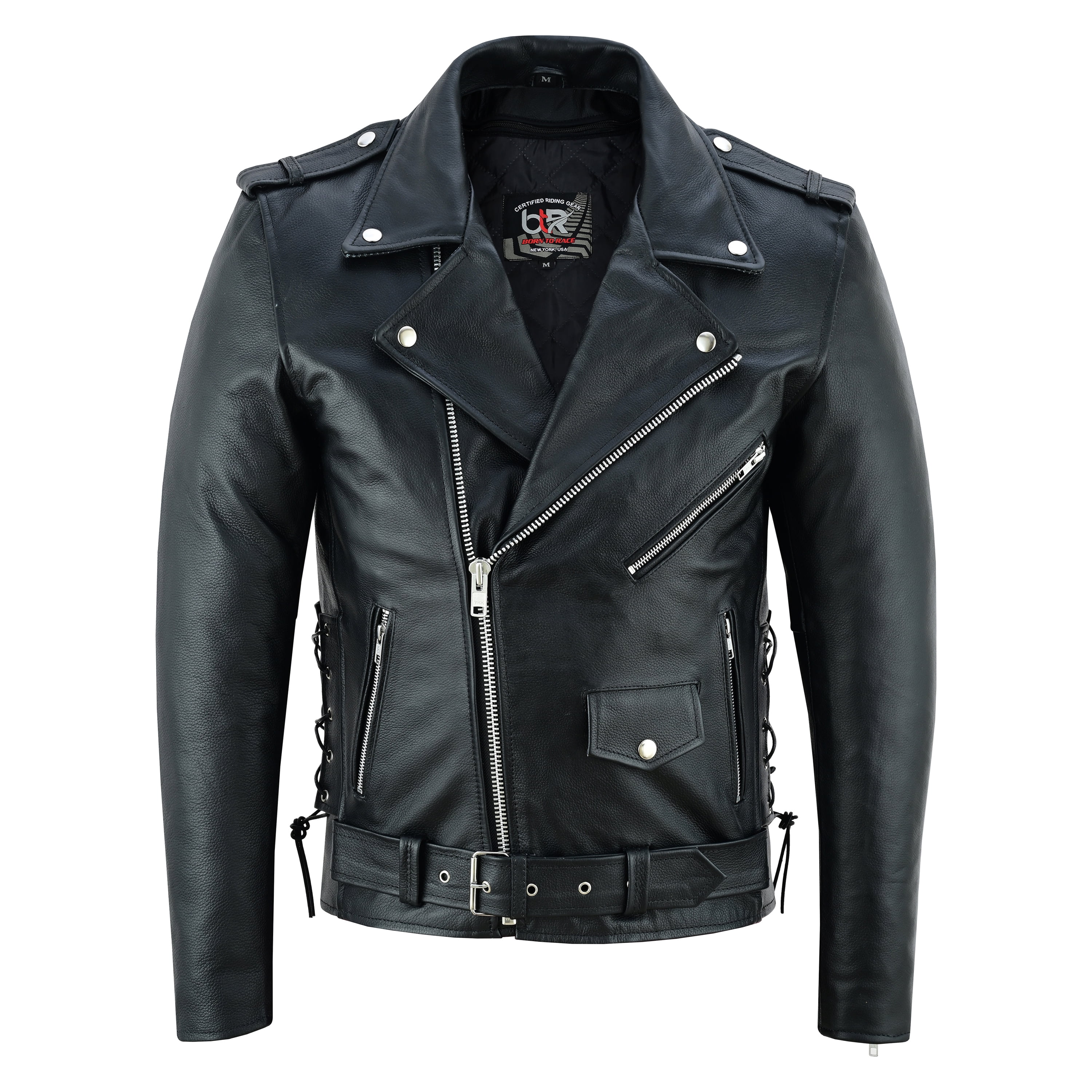 Men Motorcycle Brando Leather Jacket Distressed Zip Up Side Lacing ...