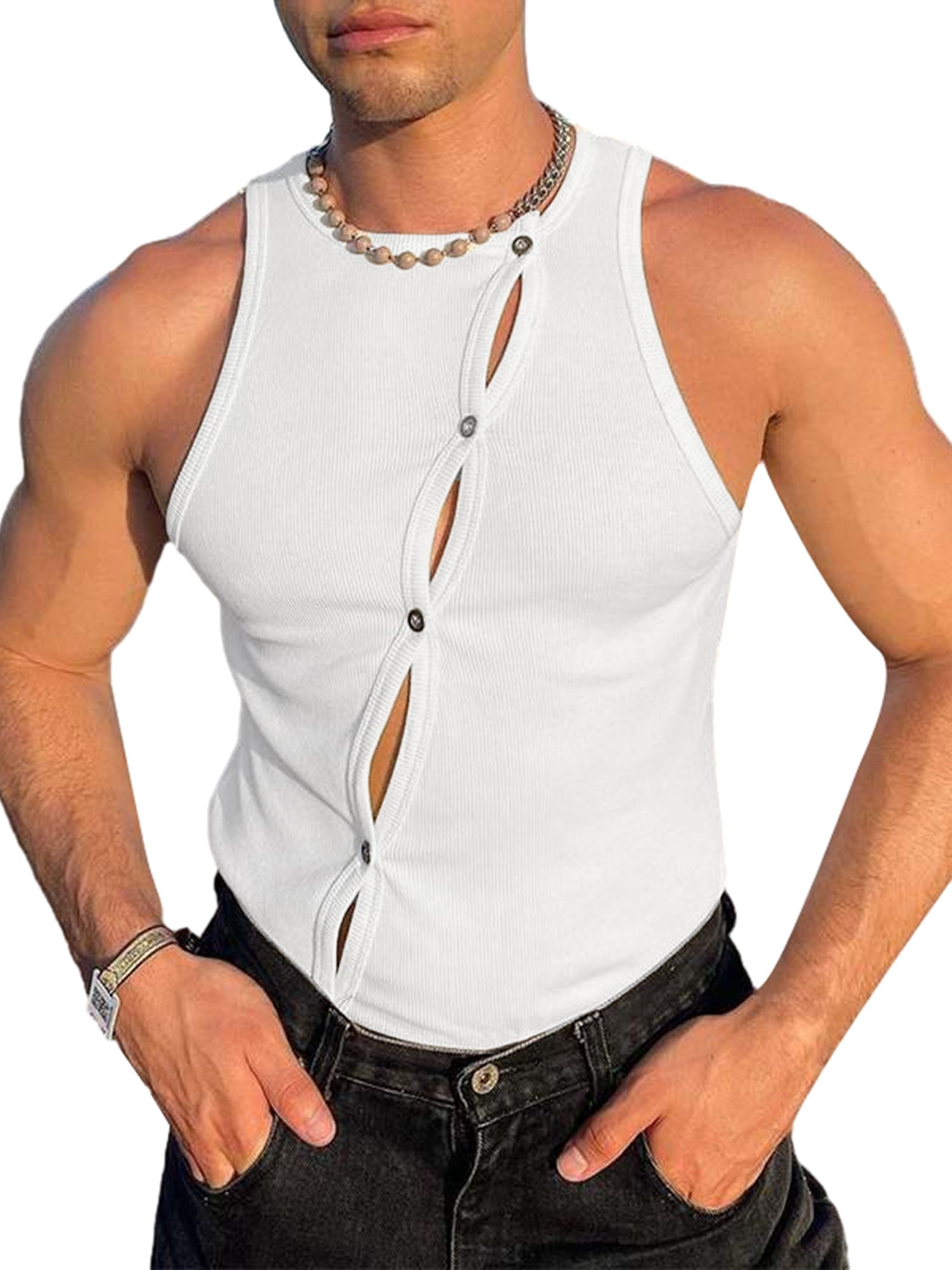 Men Muscle Fitness Sports Vest Solid Color Buttons Rib Knit Tank Tops ...
