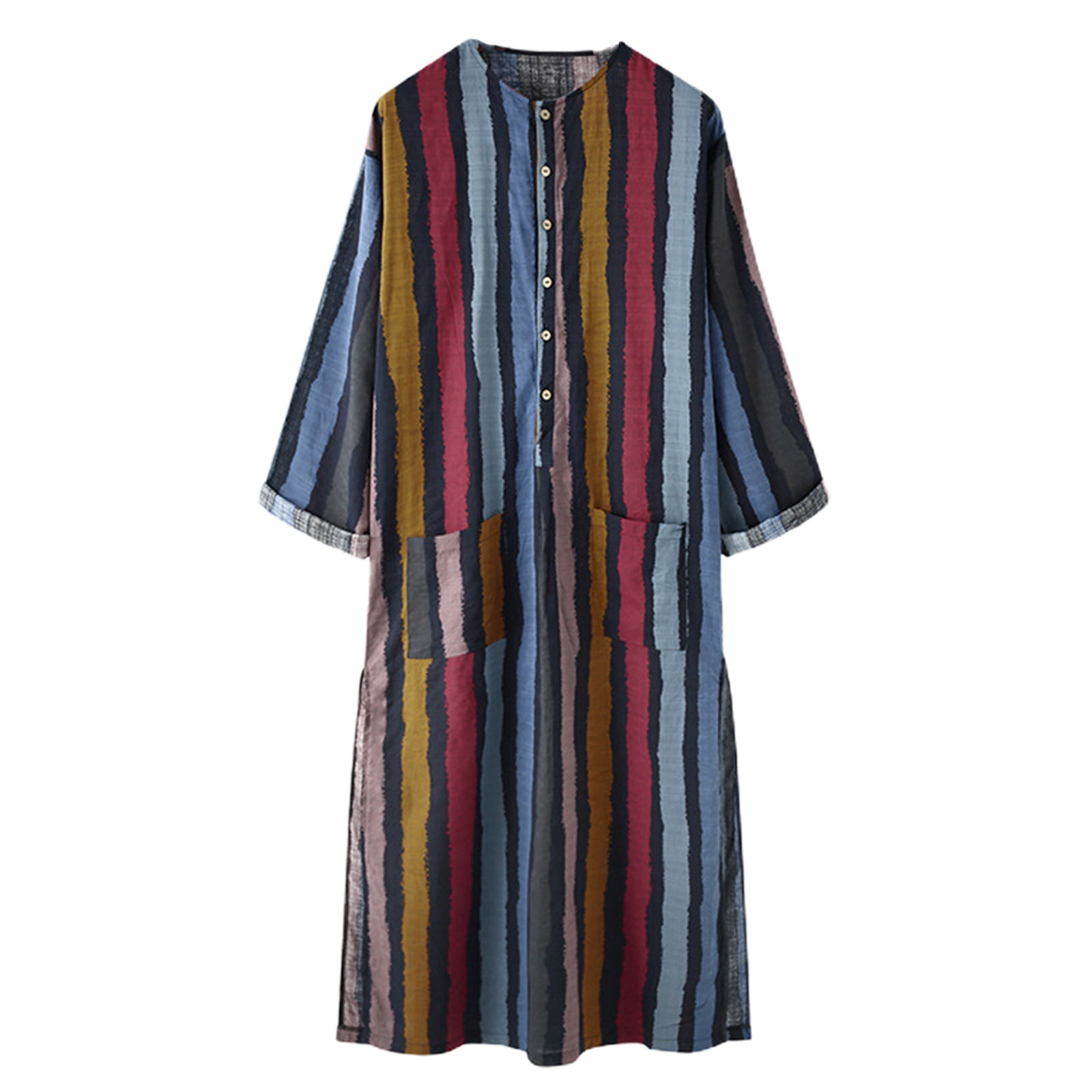 Men Muslim Colorful Striped Kaftan Robe Arabic Long Sleeve Buttons Maxi ...