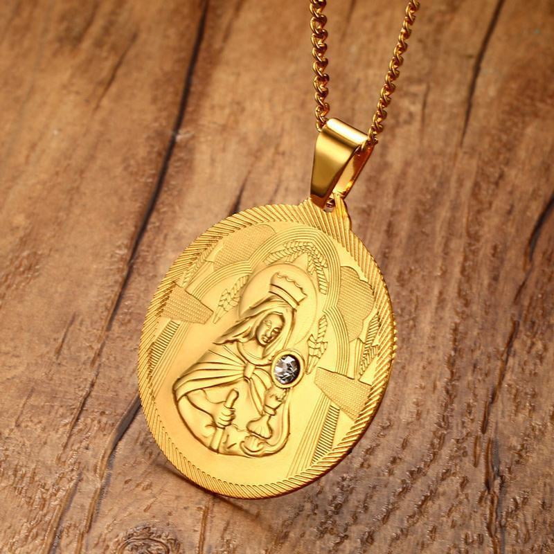Men Necklace, Golden Mary Mother of Jesus Round Medallion CZ Pendant ...