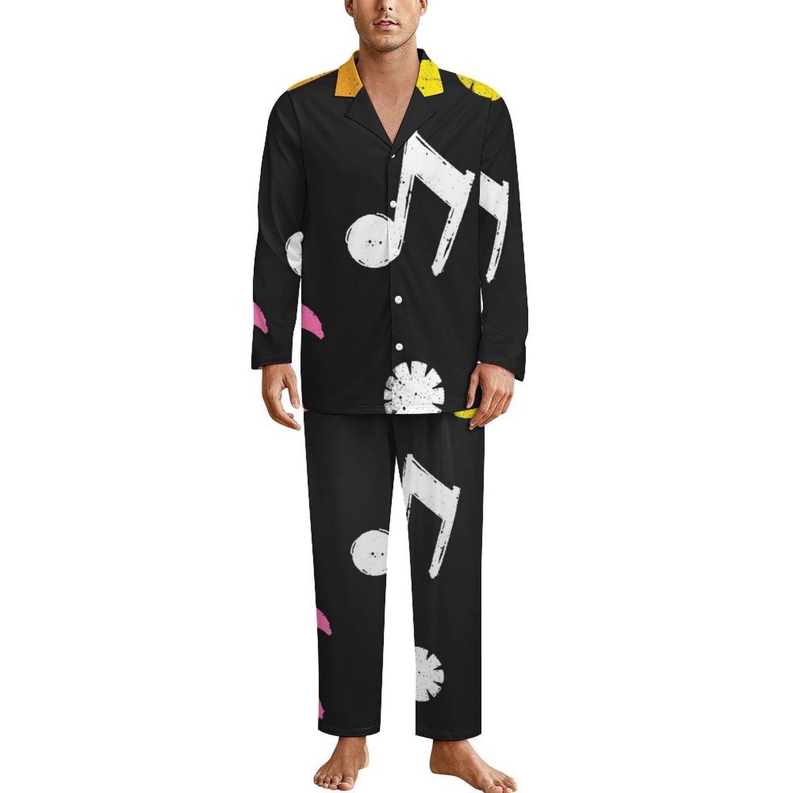 Men Nightwear Two Piece Chalk Music Notes Pajama Sets Long-Sleeve Soft ...