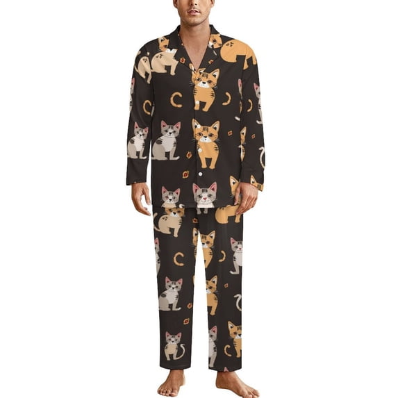 Men Nightwear Two Piece Cute Cats Pattern Pajama Sets Long-Sleeve Soft ...