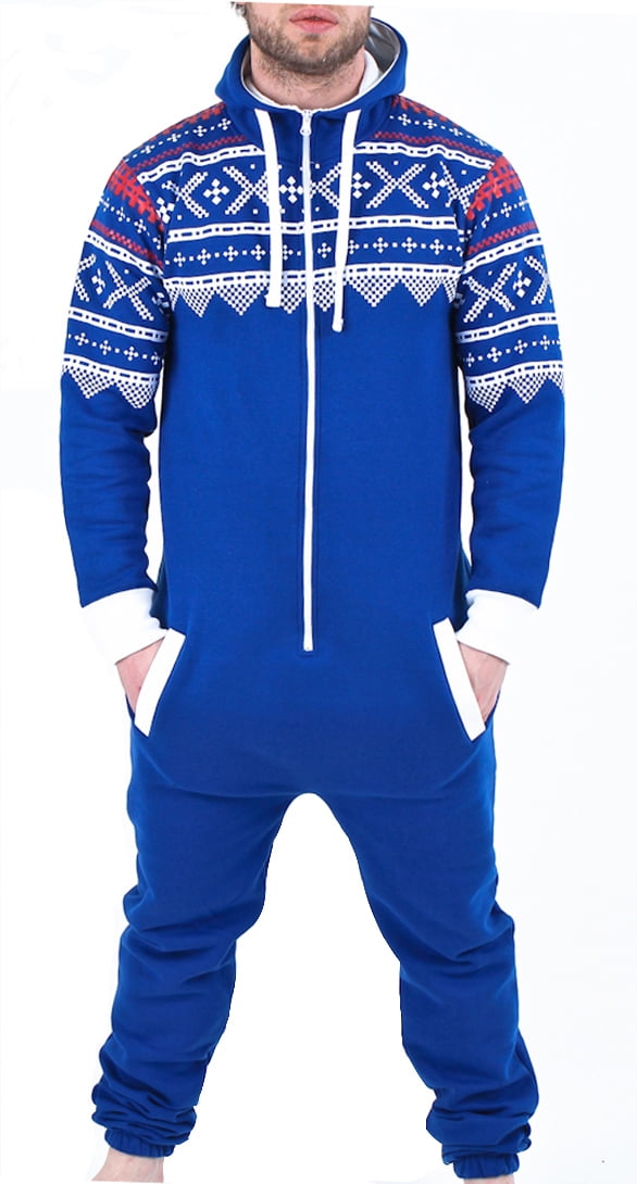 Men One Piece Non Footed Printed Pajamas Adult Sleepwear With Hood