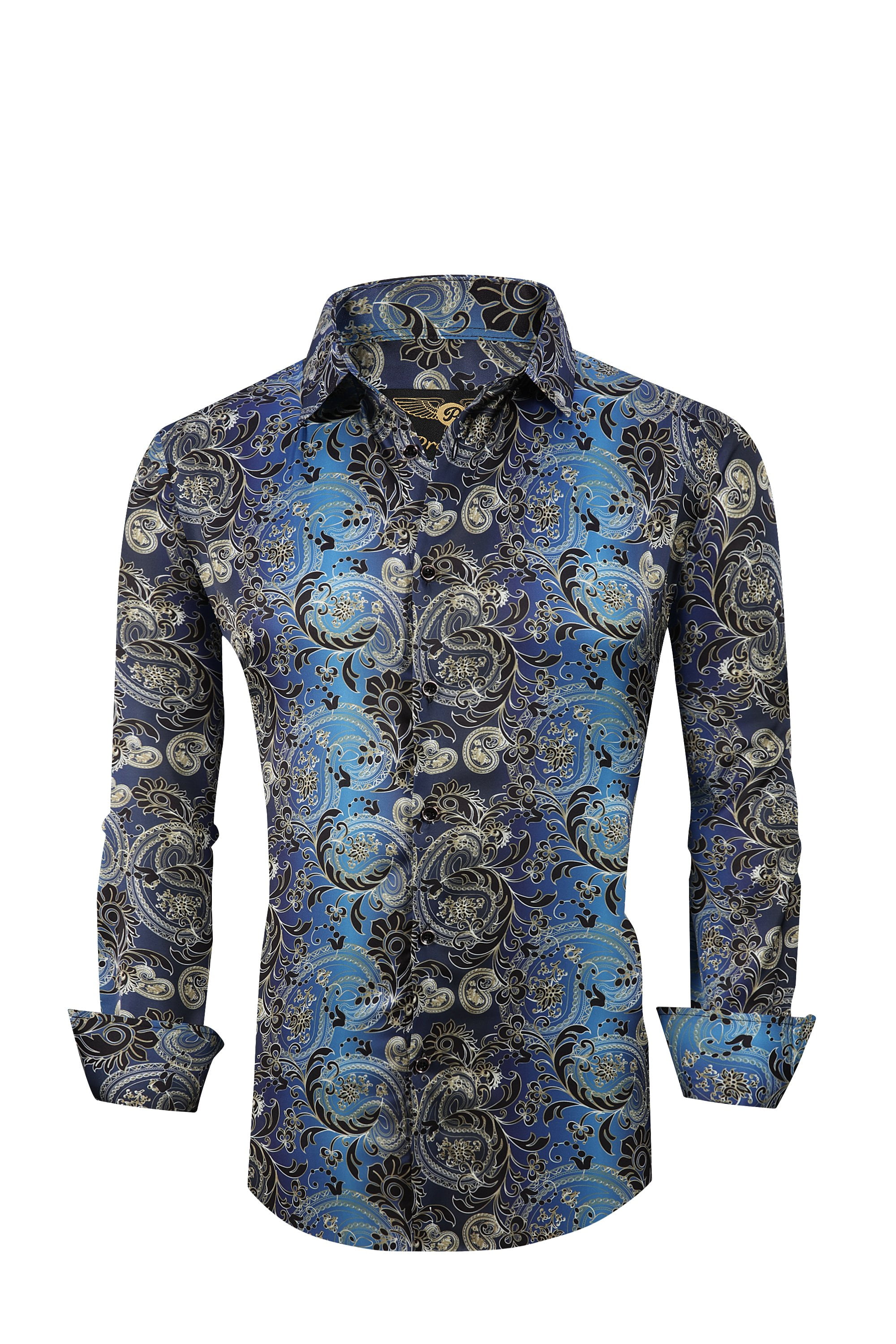 Men PREMIERE Long Sleeve Button Down Dress Shirt Black Blue Gold ...