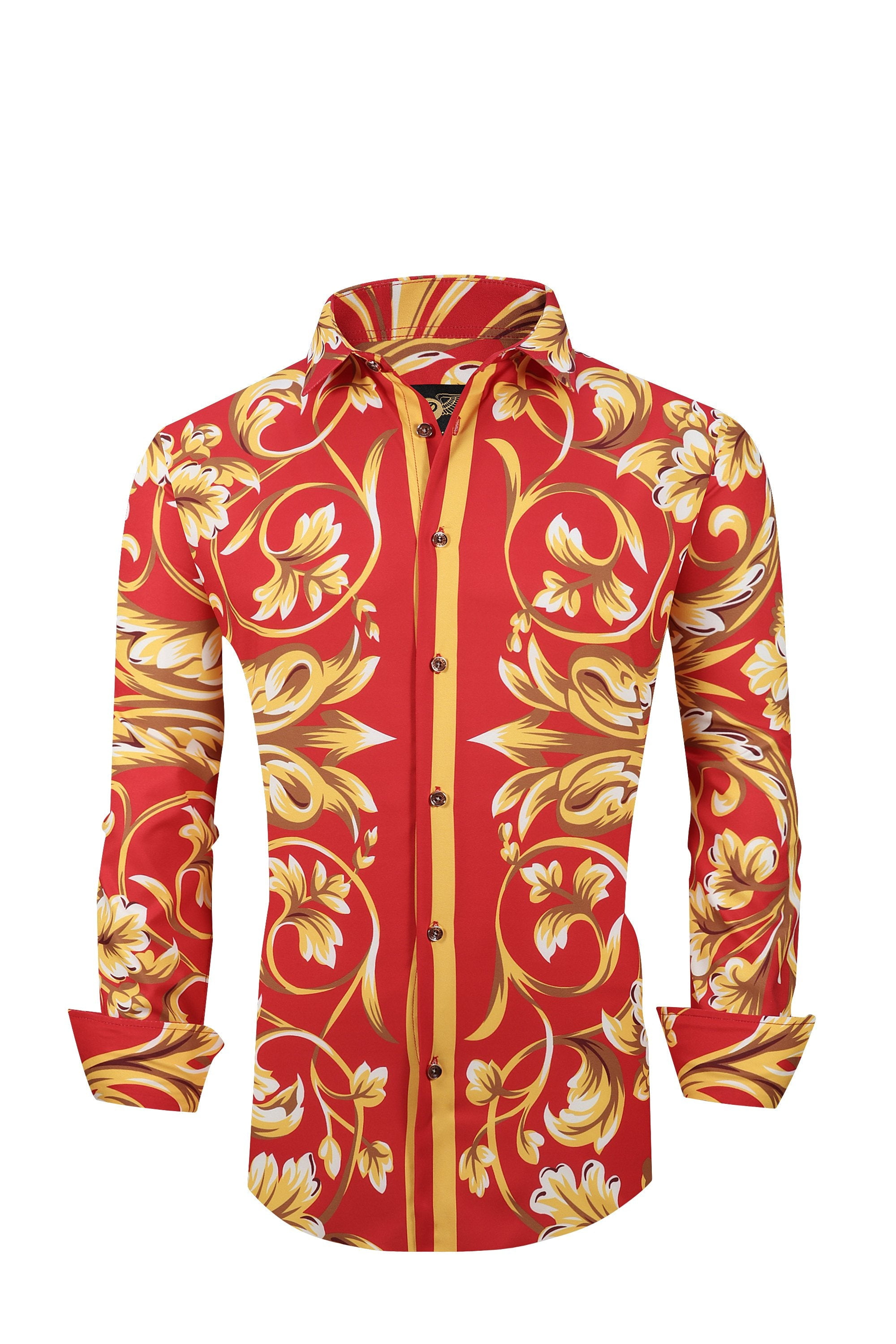 Men PREMIERE Long Sleeve Button Down Dress Shirt Red Gold Floral Design ...